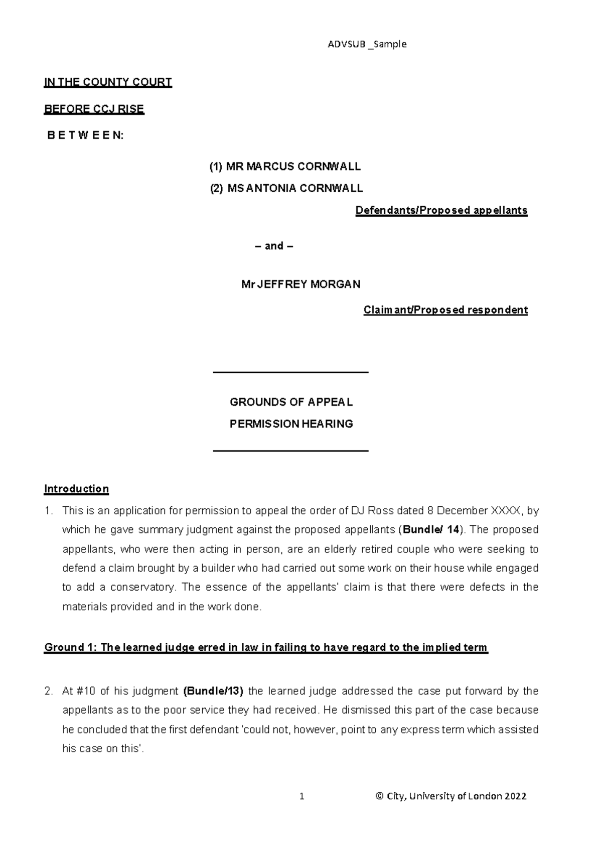 Morgan v Cornwall - Grounds of Appeal Permission Hearing - ADVSUB ...