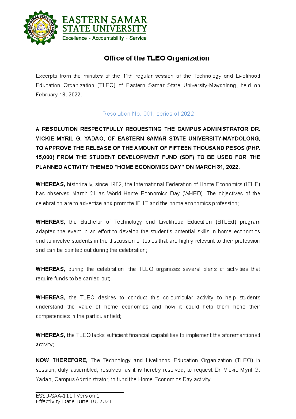 Resolution 2023 - Office of the TLEO Organization Excerpts from the ...