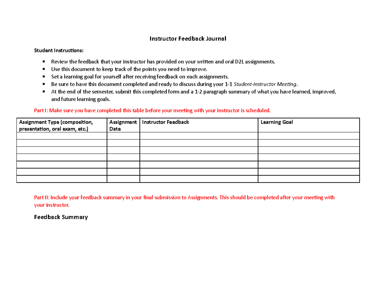 Instructor Feedback Journal- Blank template (100) - Instructor Feedback ...