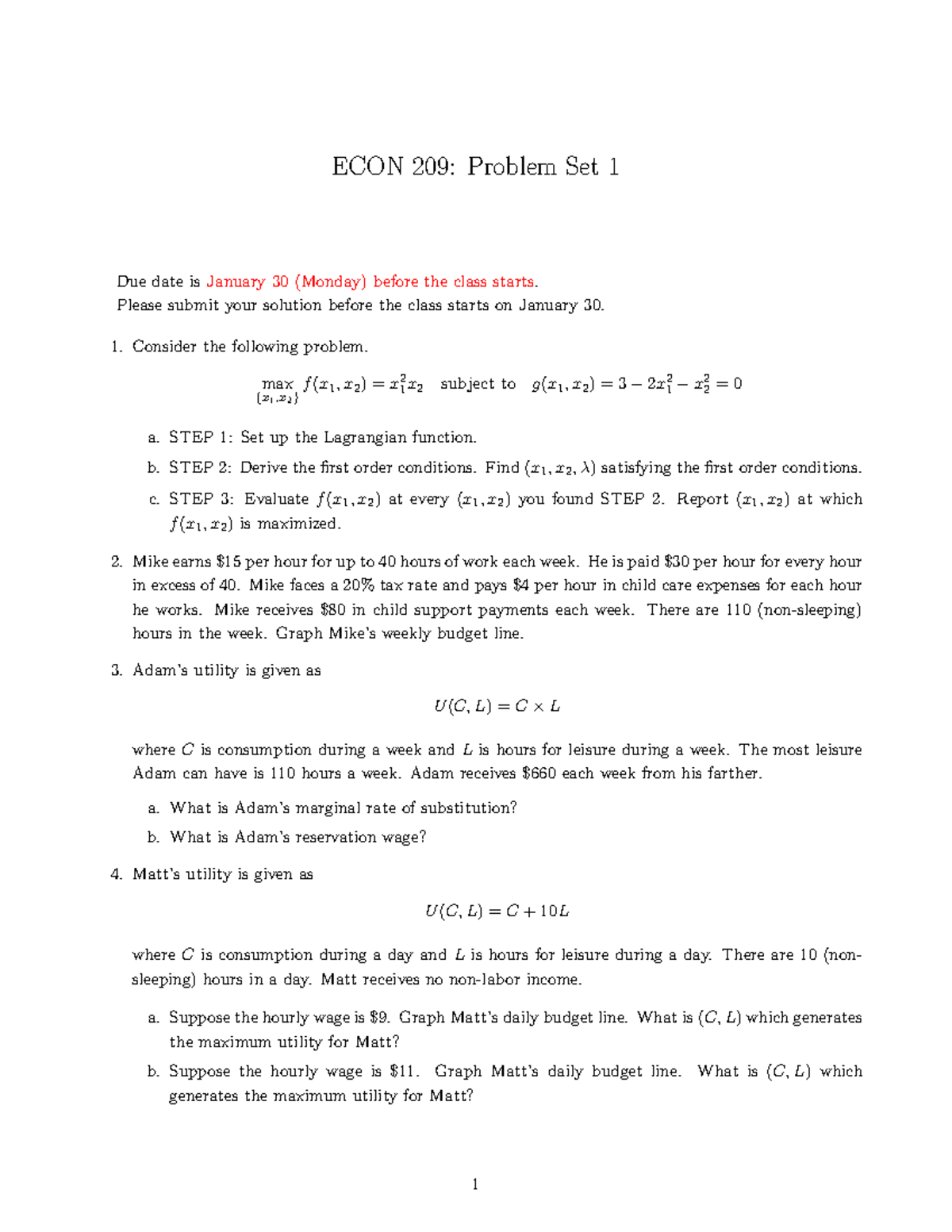 Ps1 -Econ 209-labour economics - ECON 209: Problem Set 1 Due date is January 30 (Monday) before ...