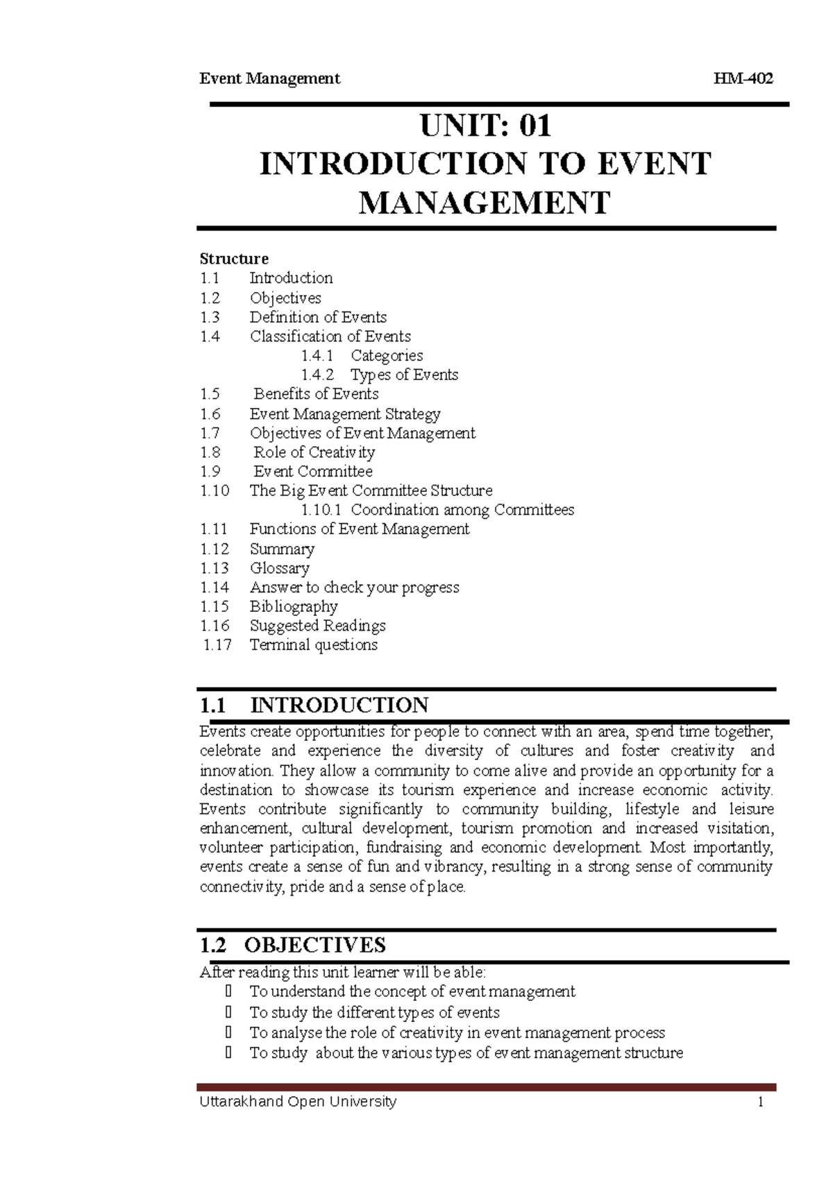 HM-402 - HM-402 - Event Management HM- Uttarakhand Open University 1 UNIT: 01 INTRODUCTION TO ...