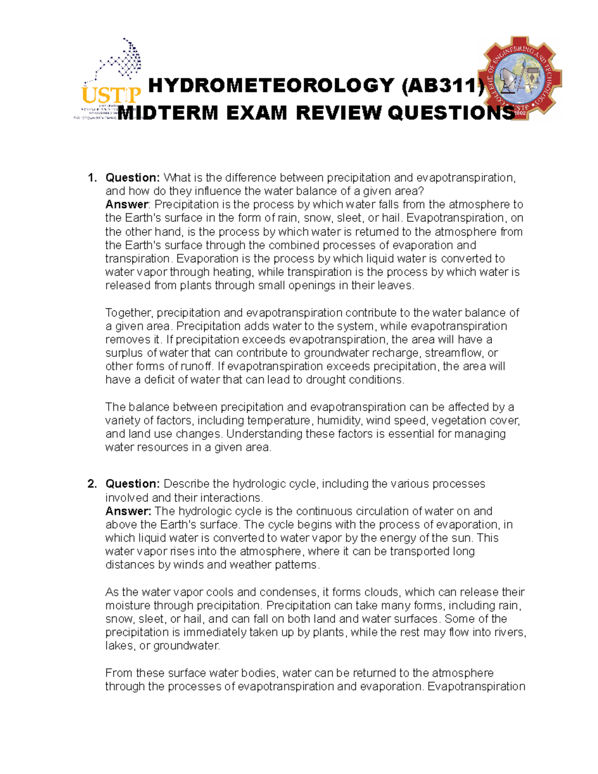 The Hydrometeorology - HYDROMETEOROLOGY (AB311) MIDTERM EXAM REVIEW QUESTIONS Question: What is ...