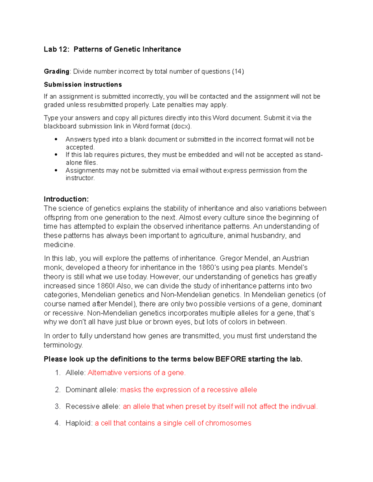 Genetic Lab 12 completed - Lab 12: Patterns of Genetic Inheritance Grading : Divide number ...