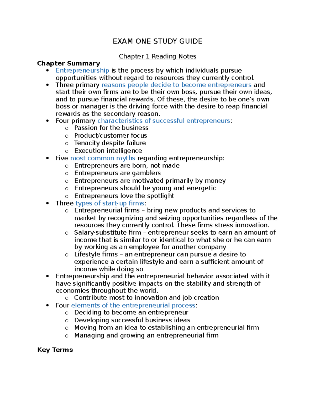 Exam One Study Guide - EXAM ONE STUDY GUIDE Chapter 1 Reading Notes ...