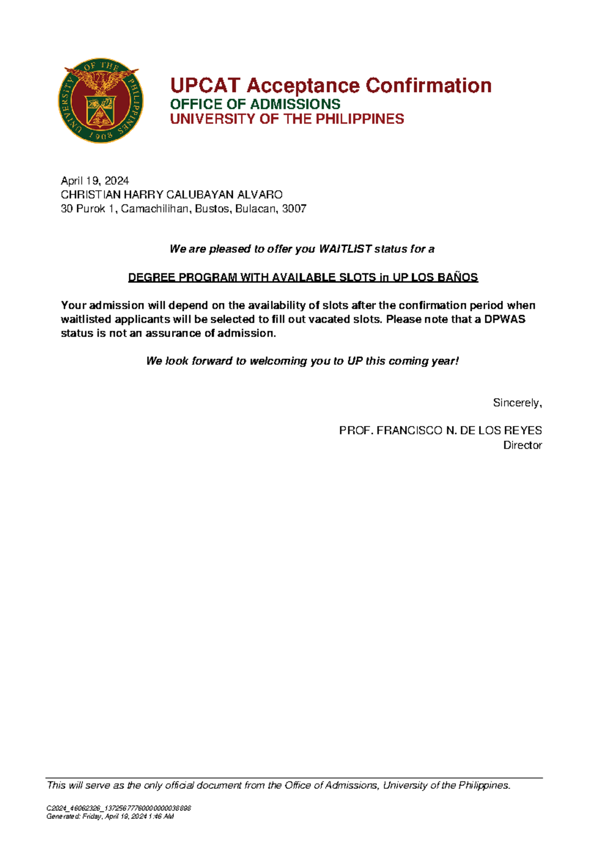 Upcat 2024 Letter Of Offer 1241875384 - UPCAT Acceptance Confirmation ...