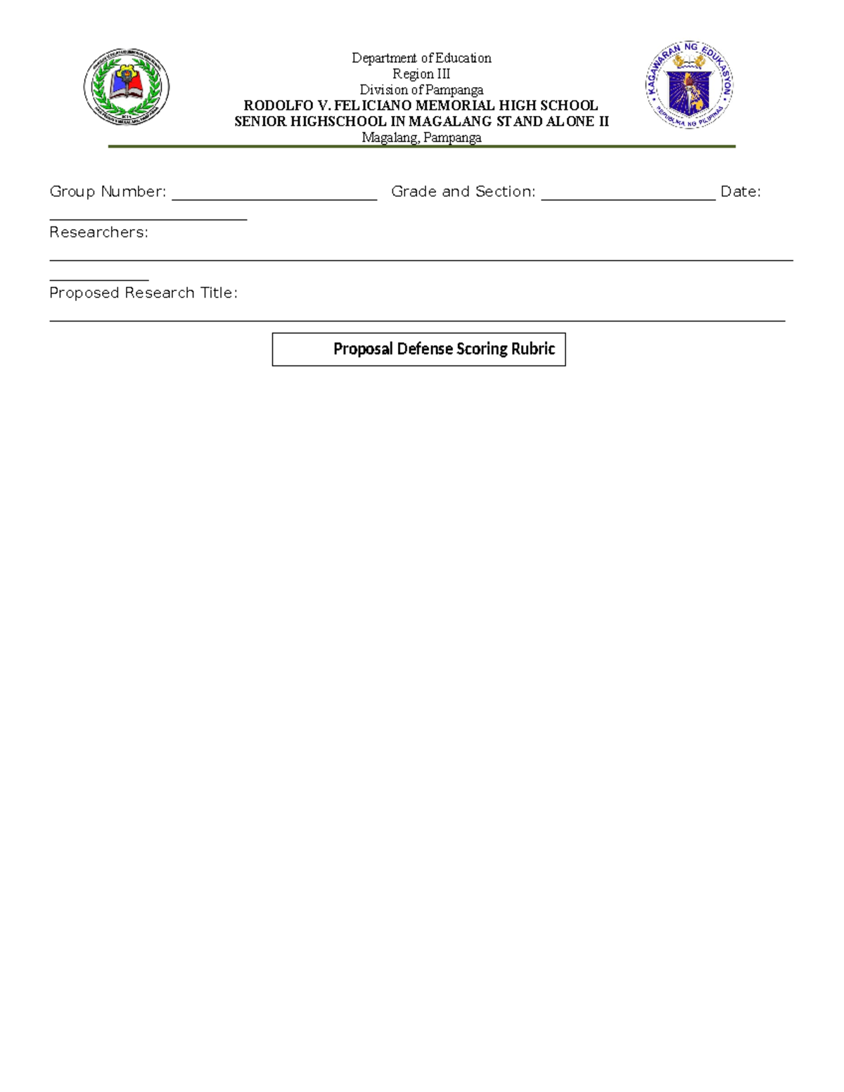Rubrics oral defense - Region III Division of Pampanga RODOLFO V ...