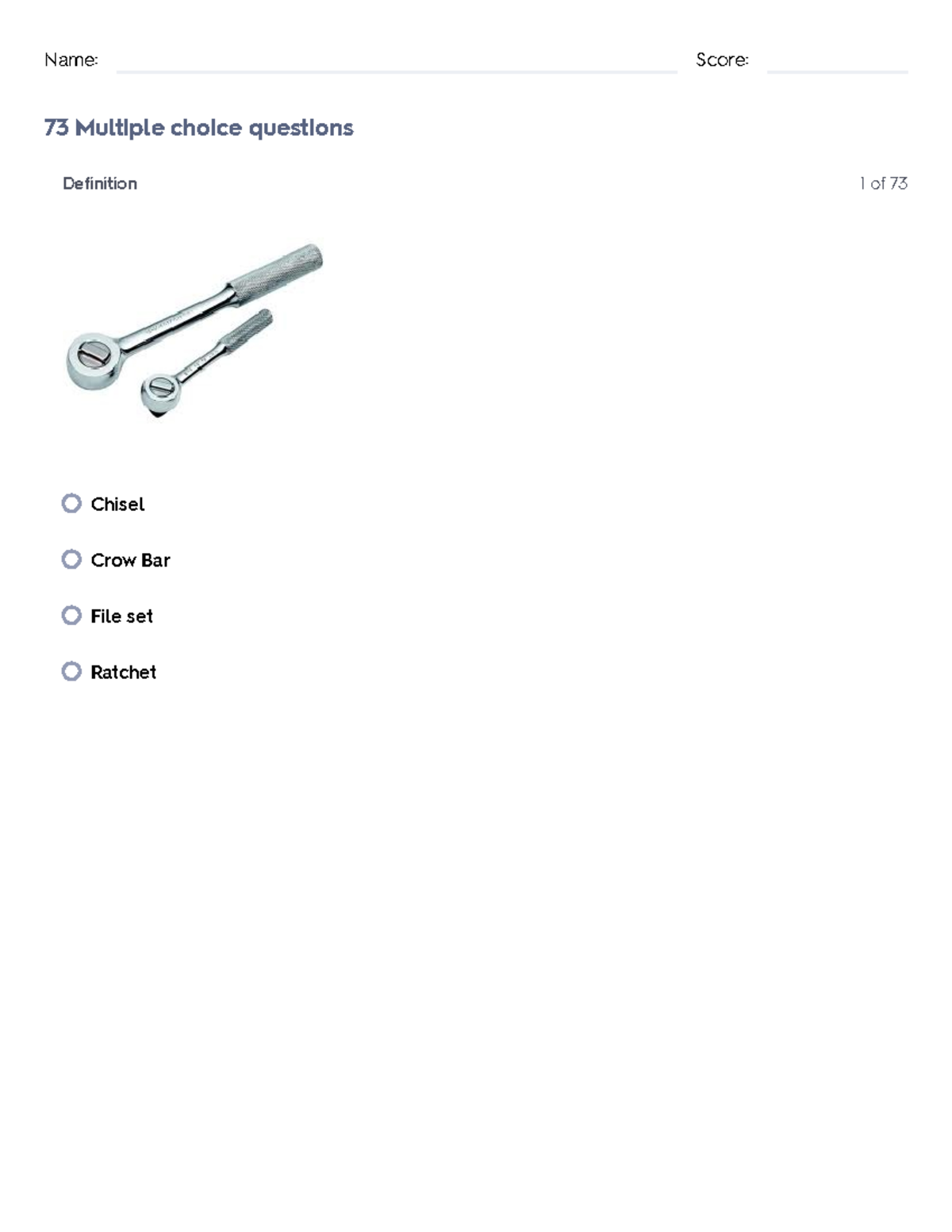 Mechanic Tools - Name: Score: 73 Multiple choice questions Definition ...