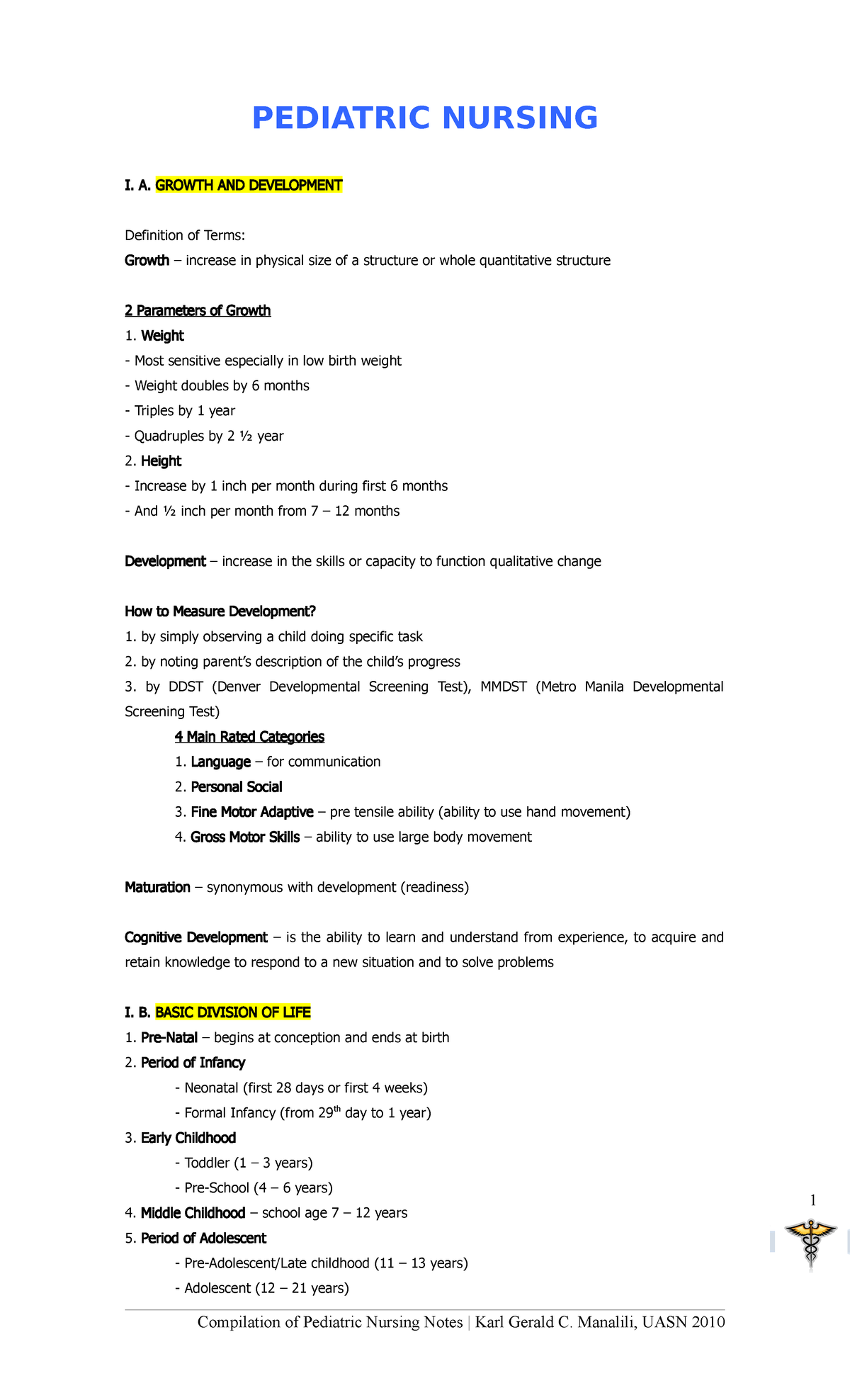 23960983 Compilation of Pedia Notes - 1 PEDIATRIC NURSING I. A. GROWTH ...