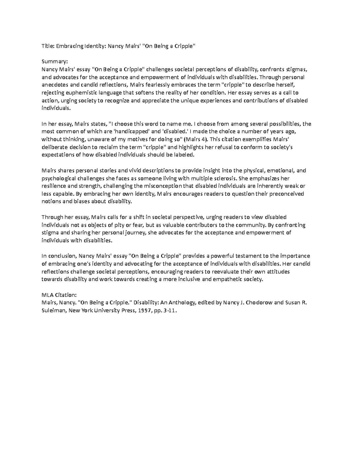 Amy tan - ENSLISH ESSAY - Title: Embracing Identity: Nancy Mairs' "On ...