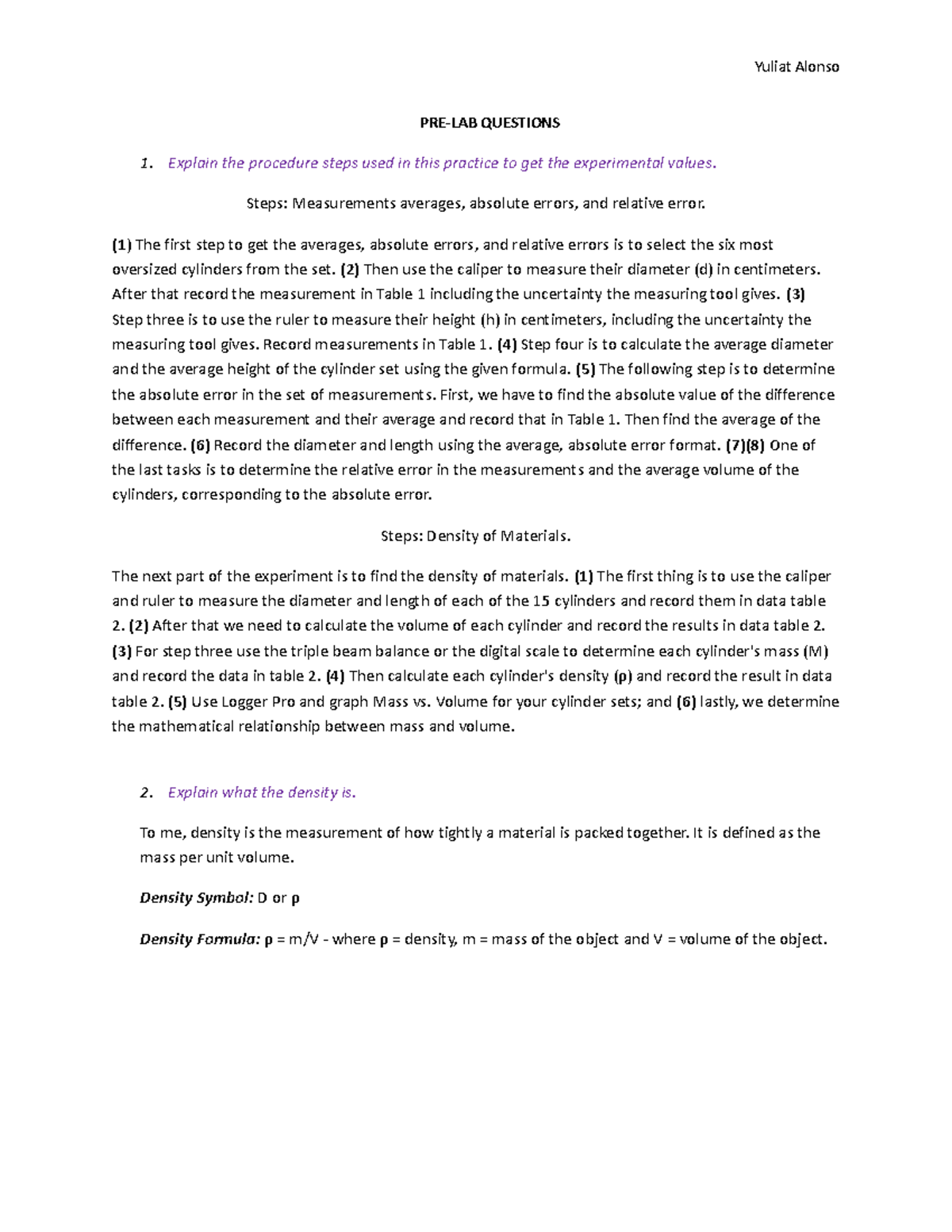 PLab Q 1 - Pre lab 1 - Yuliat Alonso PRE-LAB QUESTIONS Explain the ...