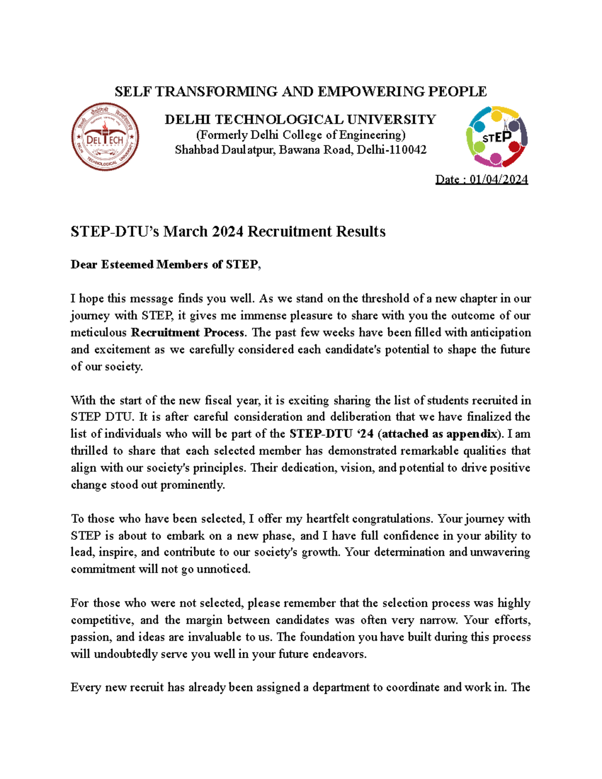 STEP DTU's March 2024 Recruitment Results - SELF TRANSFORMING AND ...