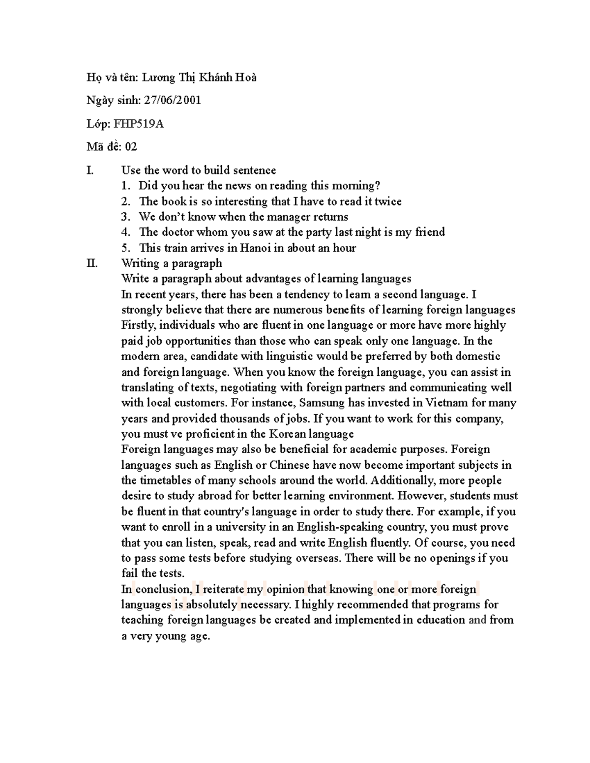 Bài tập kĩ năng - EHOU - Họ và tên: Lương Thị Khánh Hoà Ngày sinh: 27 ...