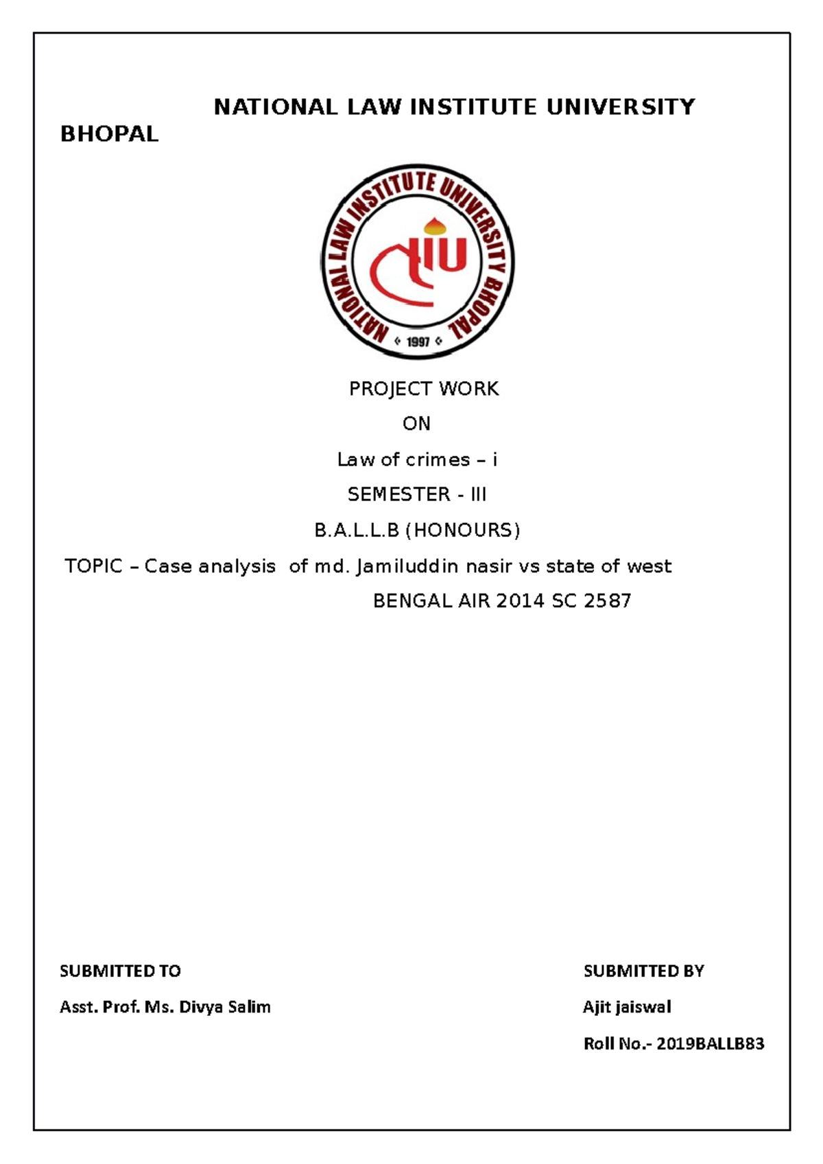 Crimes - NATIONAL LAW INSTITUTE UNIVERSITY BHOPAL PROJECT WORK ON Law ...