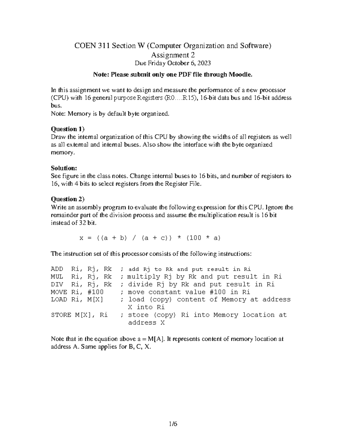 Assignment 2 Solution Computer Organization Is A Foundational Class In Computer Science That