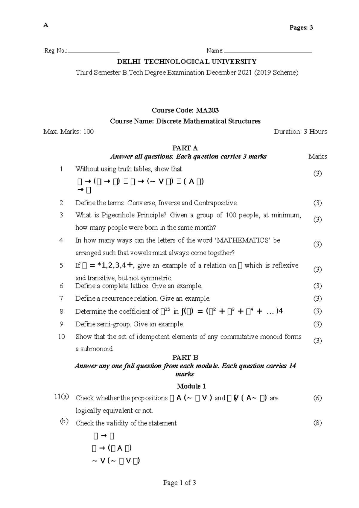 MAT203-QP - its a question paper for practice on the topic discrete ...