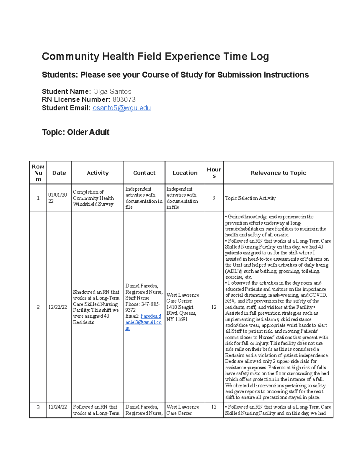 Community Health Field Experience Time Log Olga Santos - Community ...