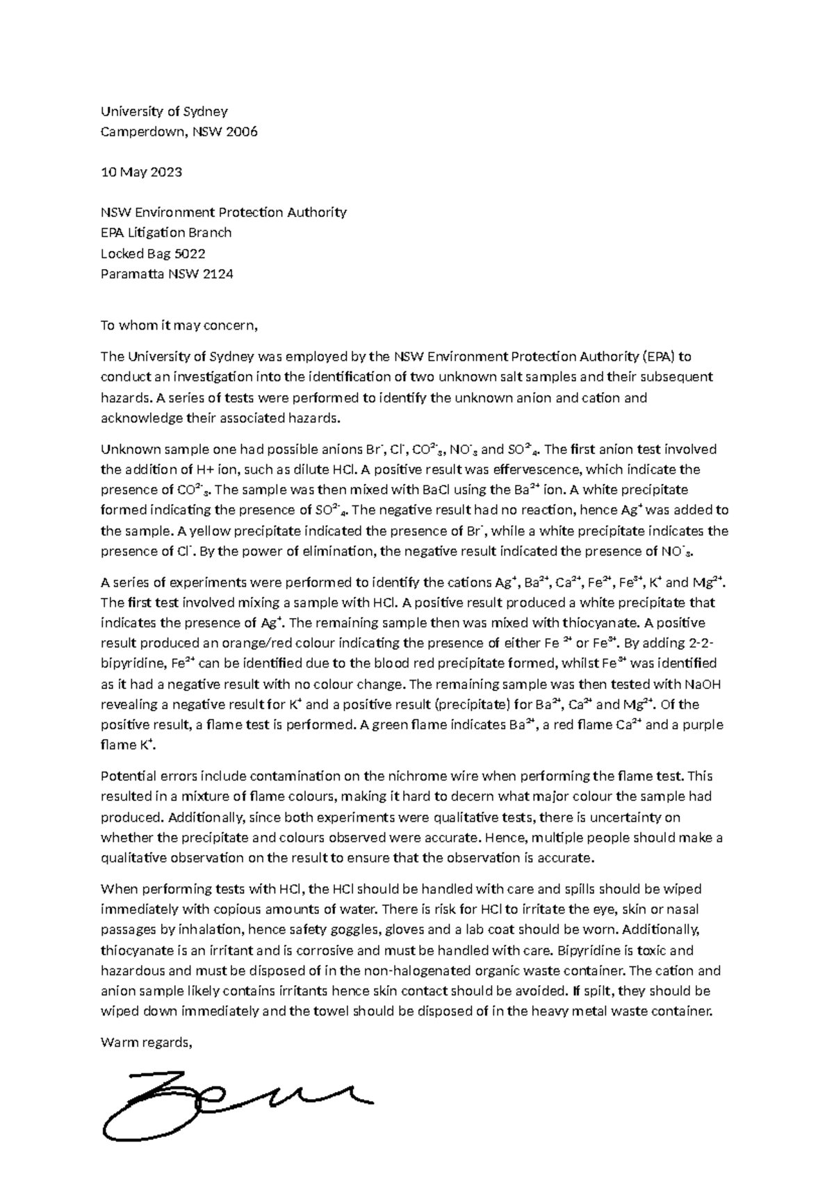 Letter to EPA - University of Sydney Camperdown, NSW 2006 10 May 2023 ...
