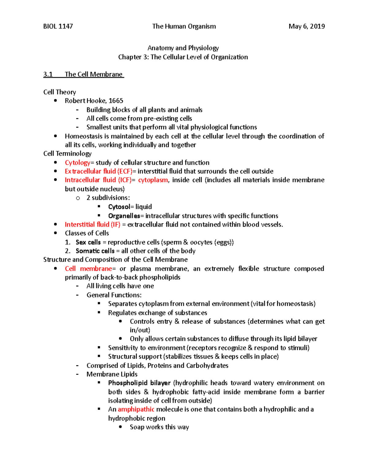 Chapter 3 - BIOL1147 Notes - Anatomy and Physiology Chapter 3: The ...