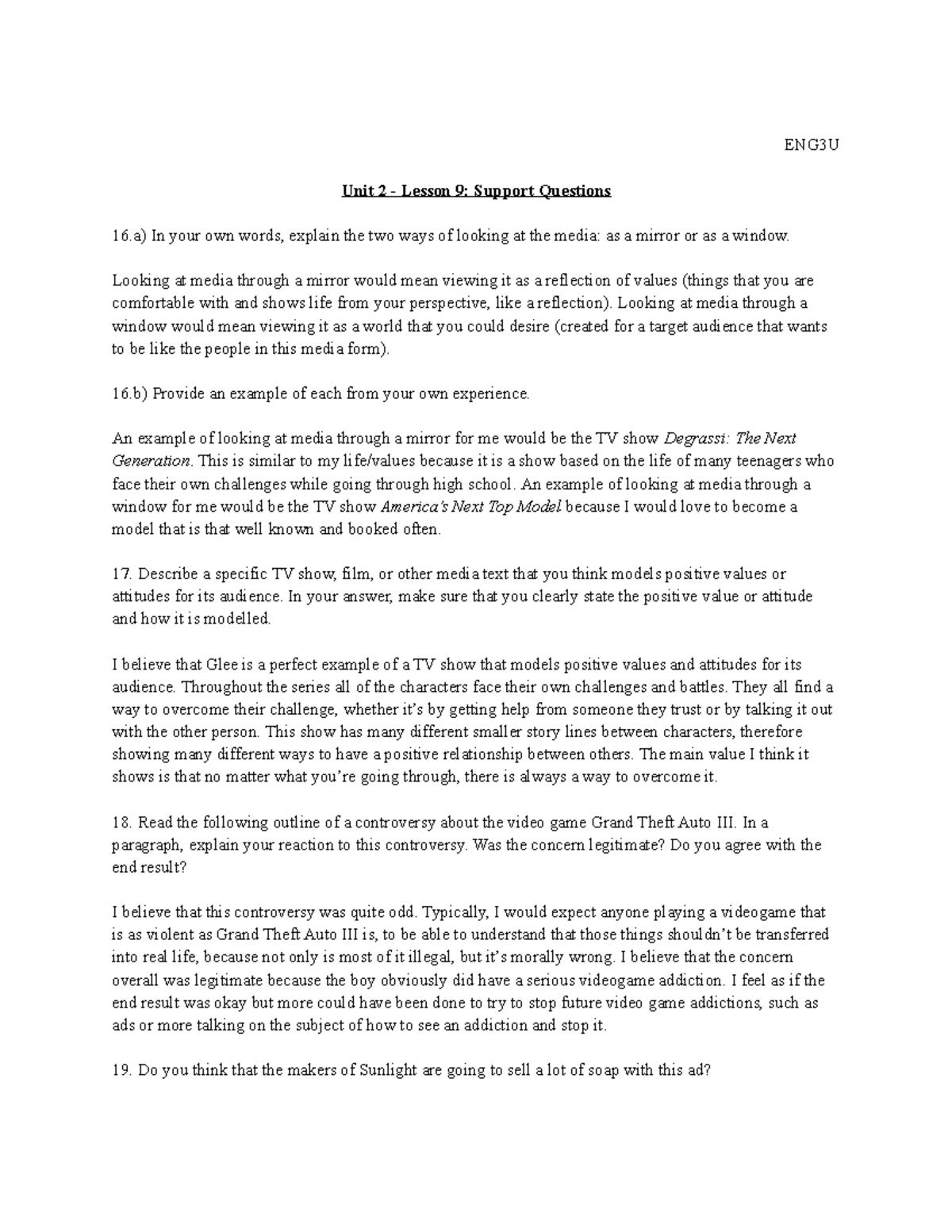Lesson 9 - ENG3U - ENG3U Unit 2 - Lesson 9: Support Questions 16) In ...