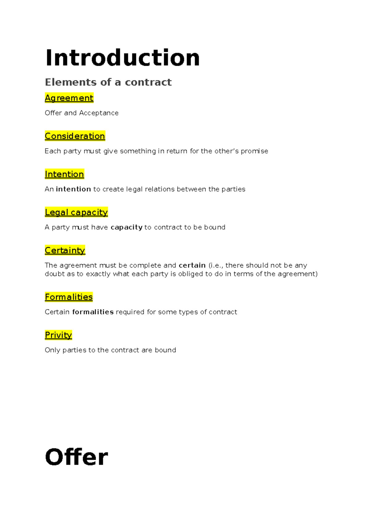 Introduction and Offer - Introduction Elements of a contract Agreement ...