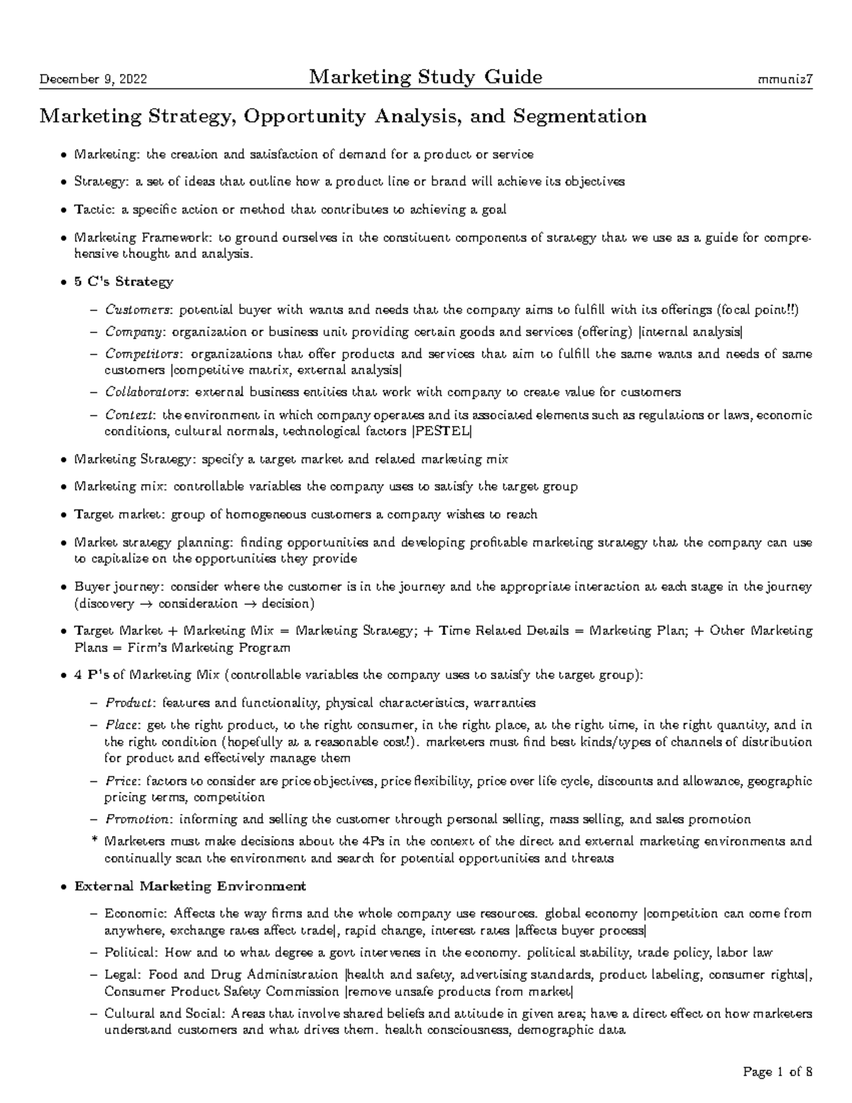 Marketing study guide - Marketing Strategy, Opportunity Analysis, and ...