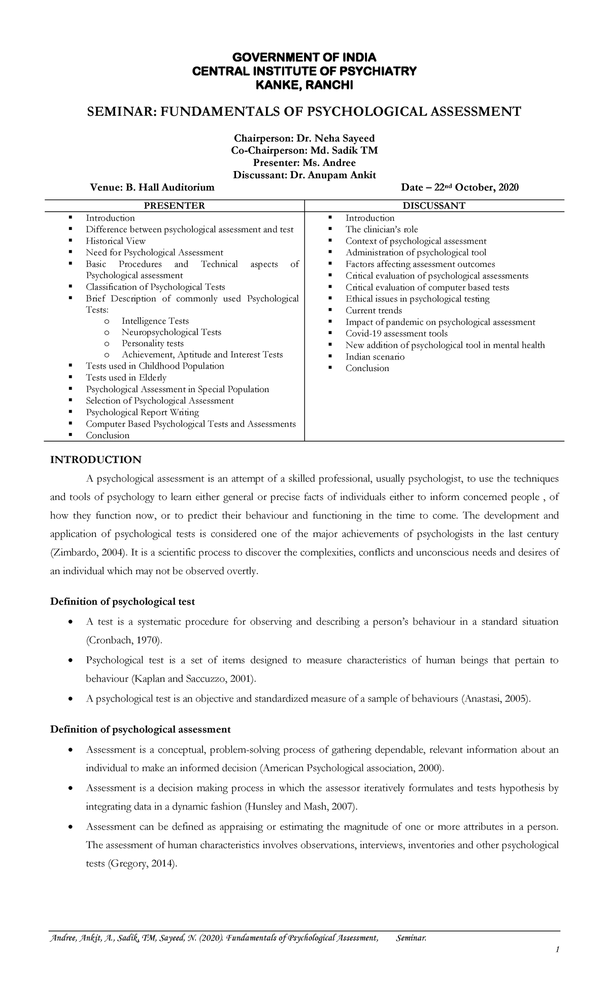 Assessment Overview in India - Andree, Ankit, A., Sadik, TM, Sayeed, N. (2020). Fundamentals of ...