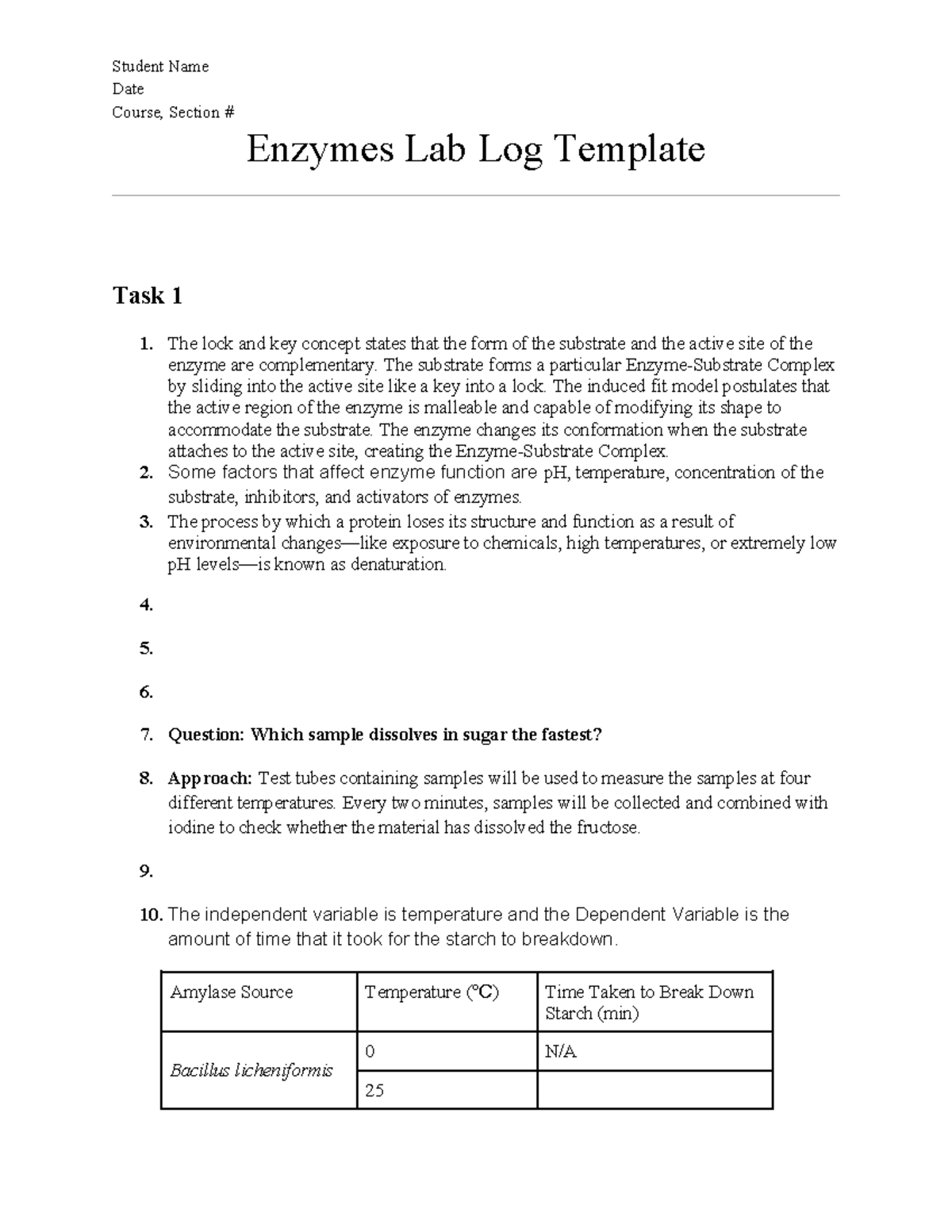 Enzymes Lab Log Template - Student Name Date Course, Section Enzymes ...