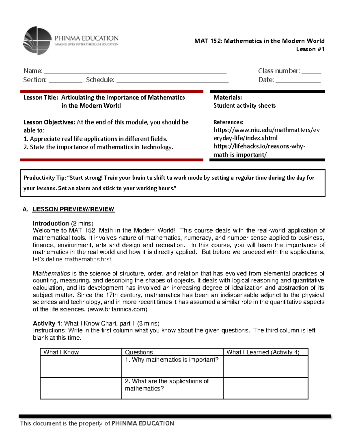 SAS 01 MAT 152 FLM - This file contains lessons in Mathematics ...