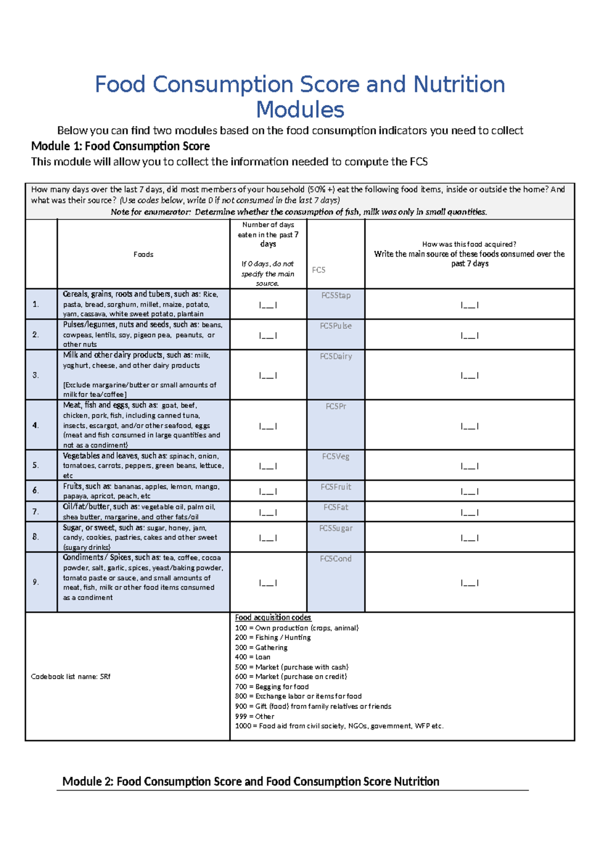 WFP-0000132048 - Food Consumption Score and Nutrition Modules Below you ...