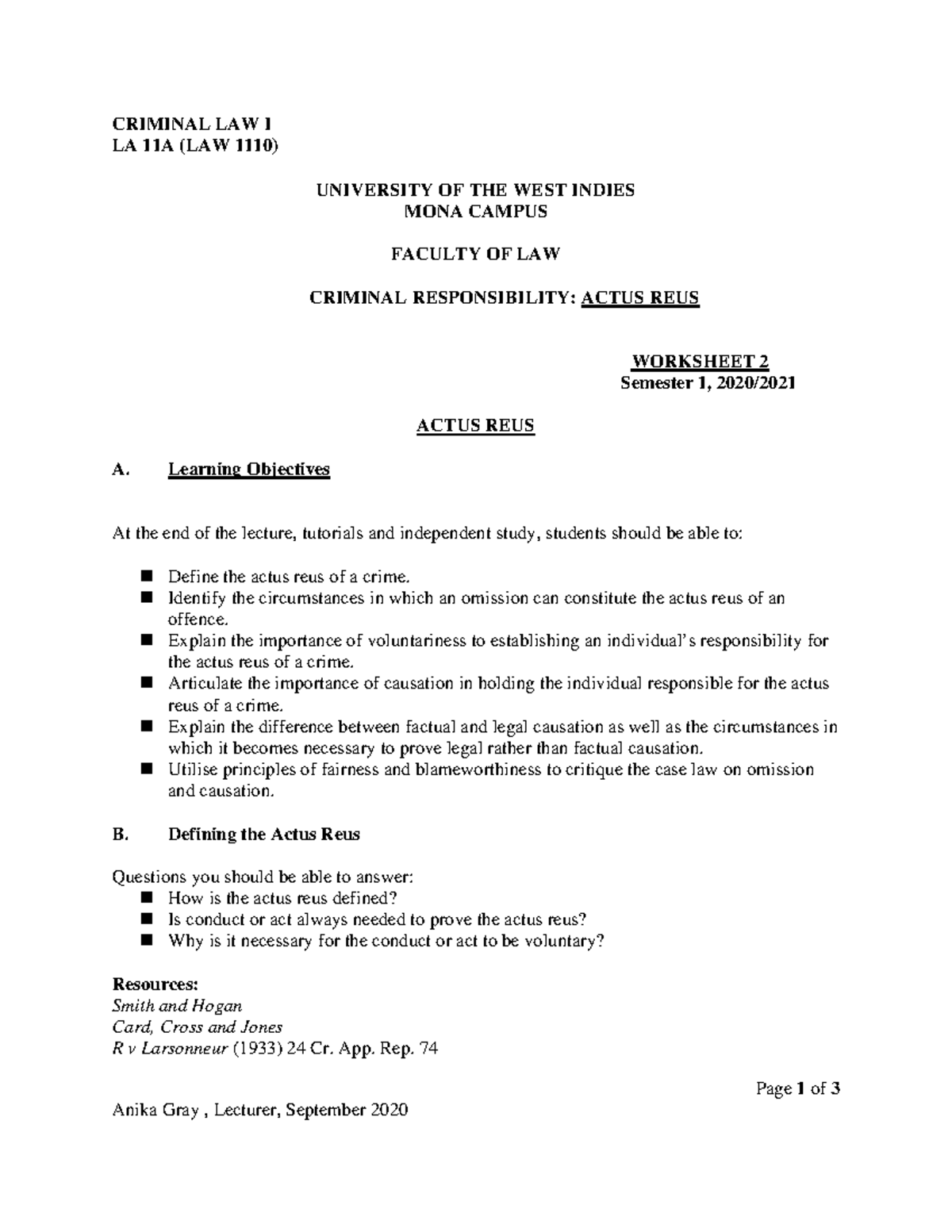 LAW1110 Worksheet 2 2022 - CRIMINAL LAW I LA 11A (LAW 1110) Page 1 of 3 ...