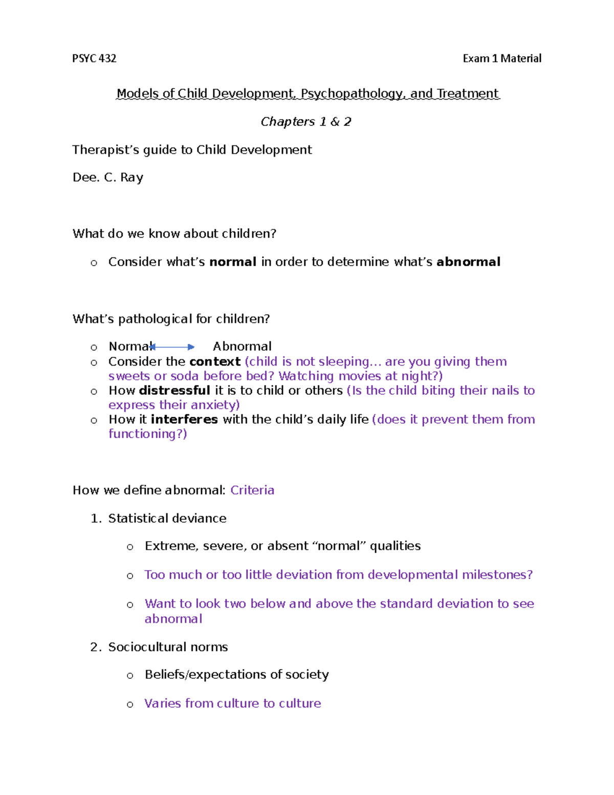 Unit 1 Notes PSYC 432 - Dr. Katie Rowinski-Danhof - Models of Child ...