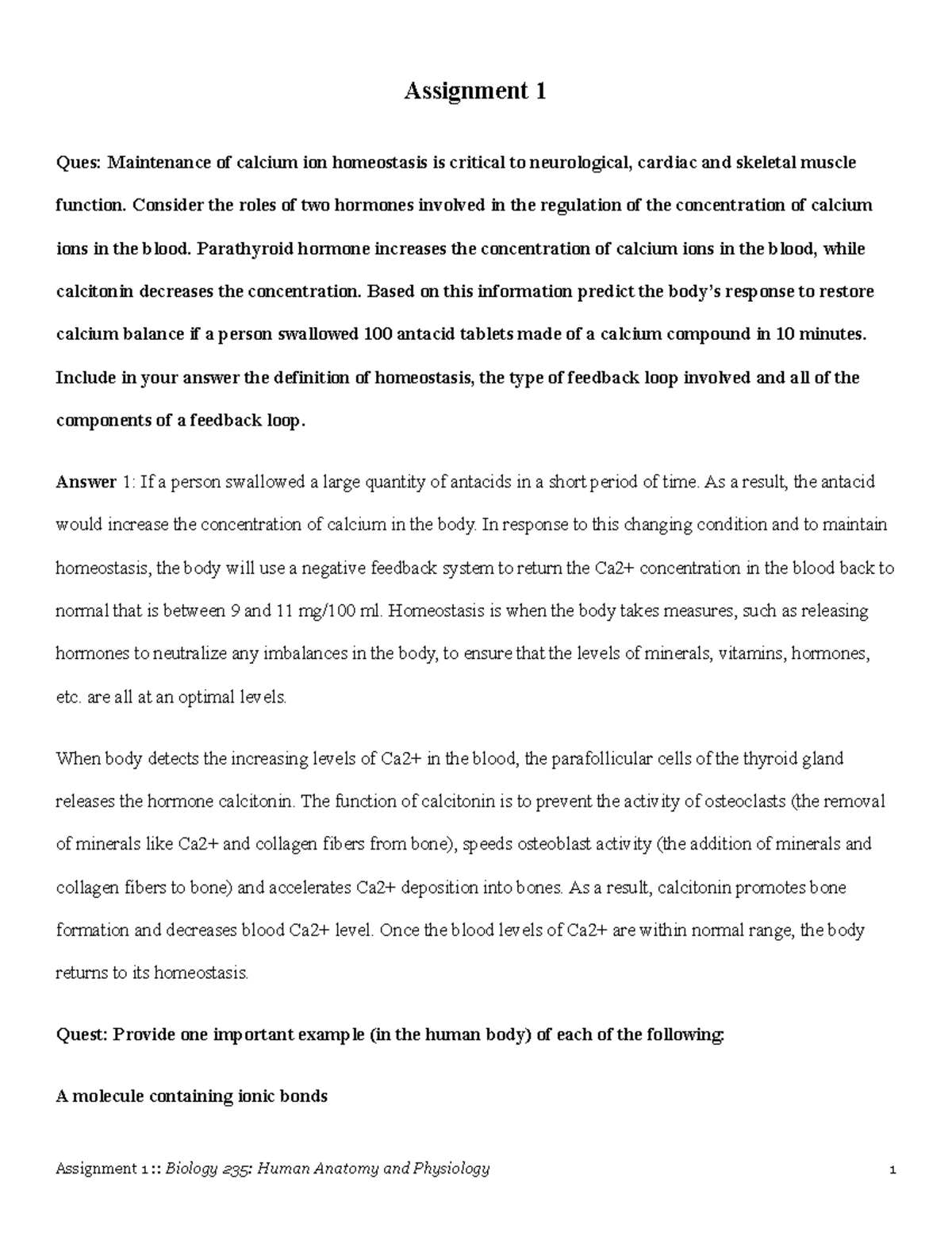 Assignment 1 - human anatomy and physiology bio 235 - Assignment 1 Ques ...