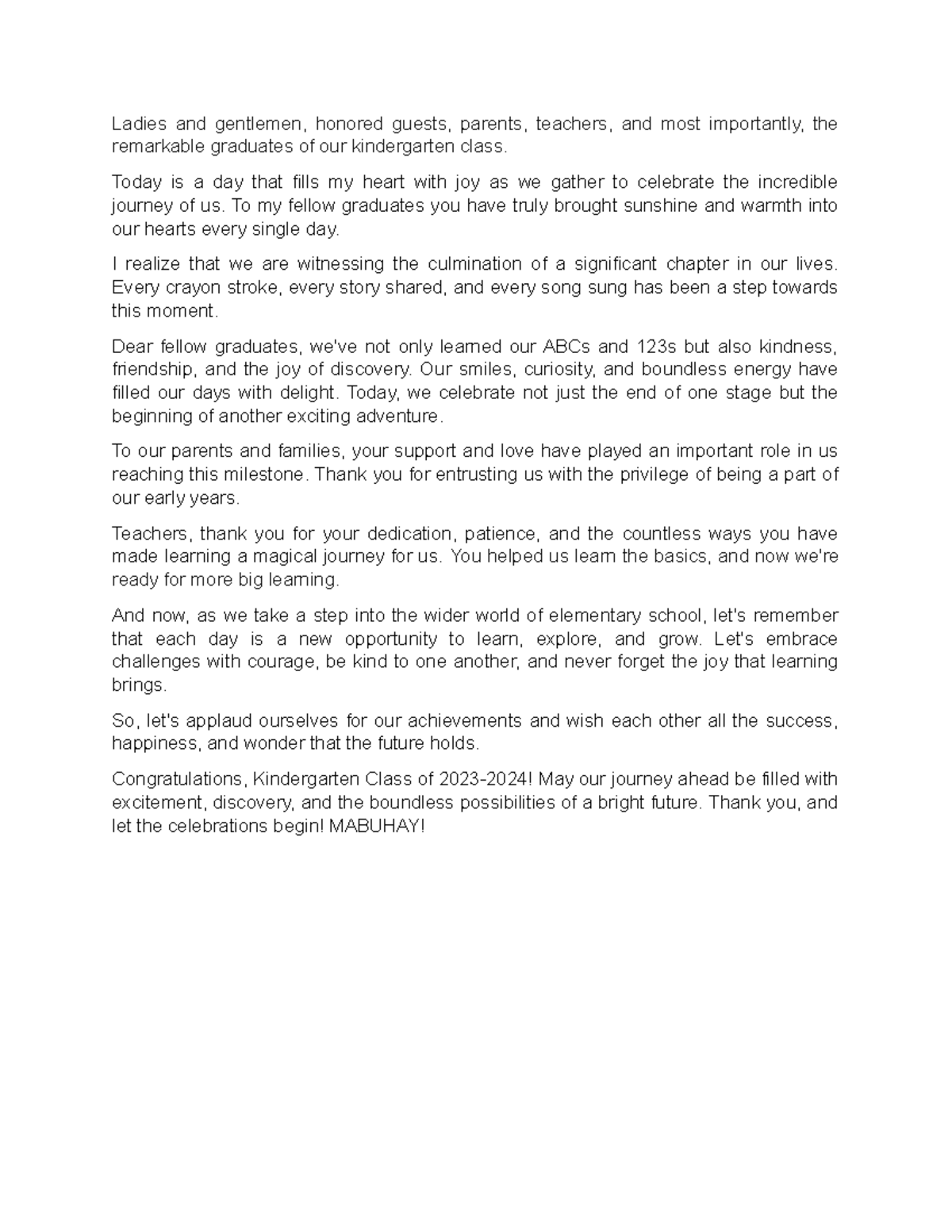 Graduation speech - Ladies and gentlemen, honored guests, parents ...