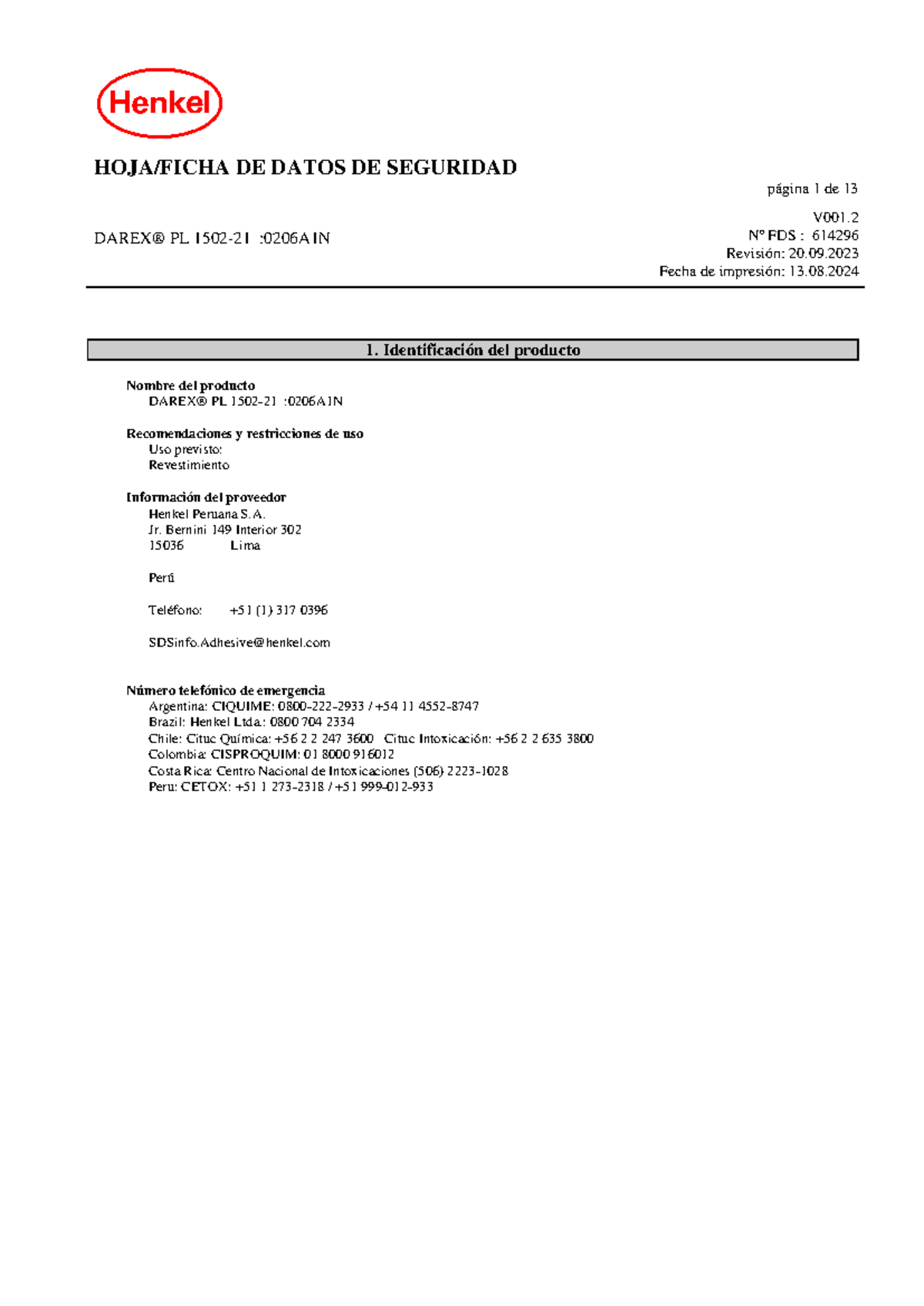 SDS Darex PL1502-21 - Ficha seguridad - HOJA/FICHA DE DATOS DE SEGURIDAD página 1 de 13 DAREX ...