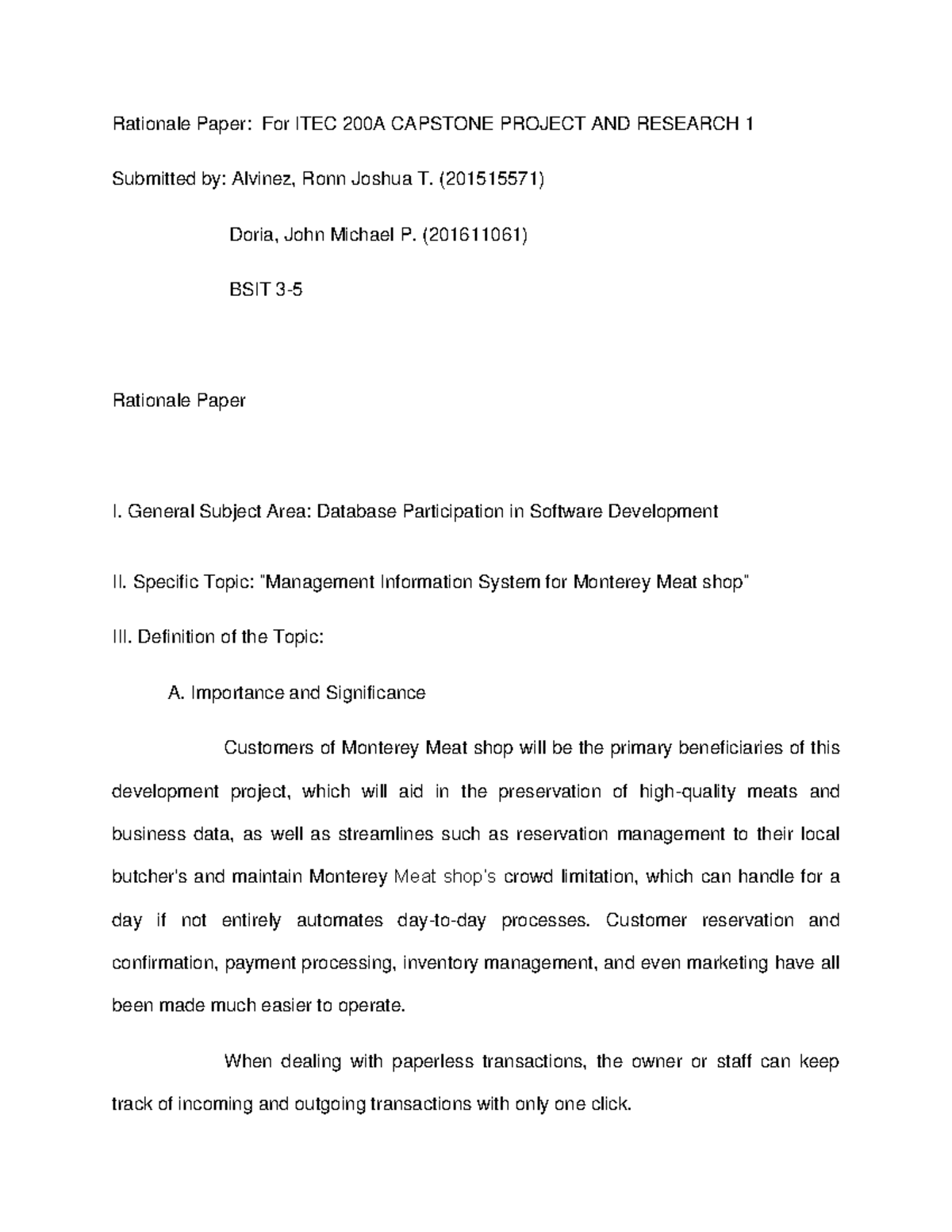 Alvinez Doria Rationale Paper - Rationale Paper: For ITEC 200A CAPSTONE ...