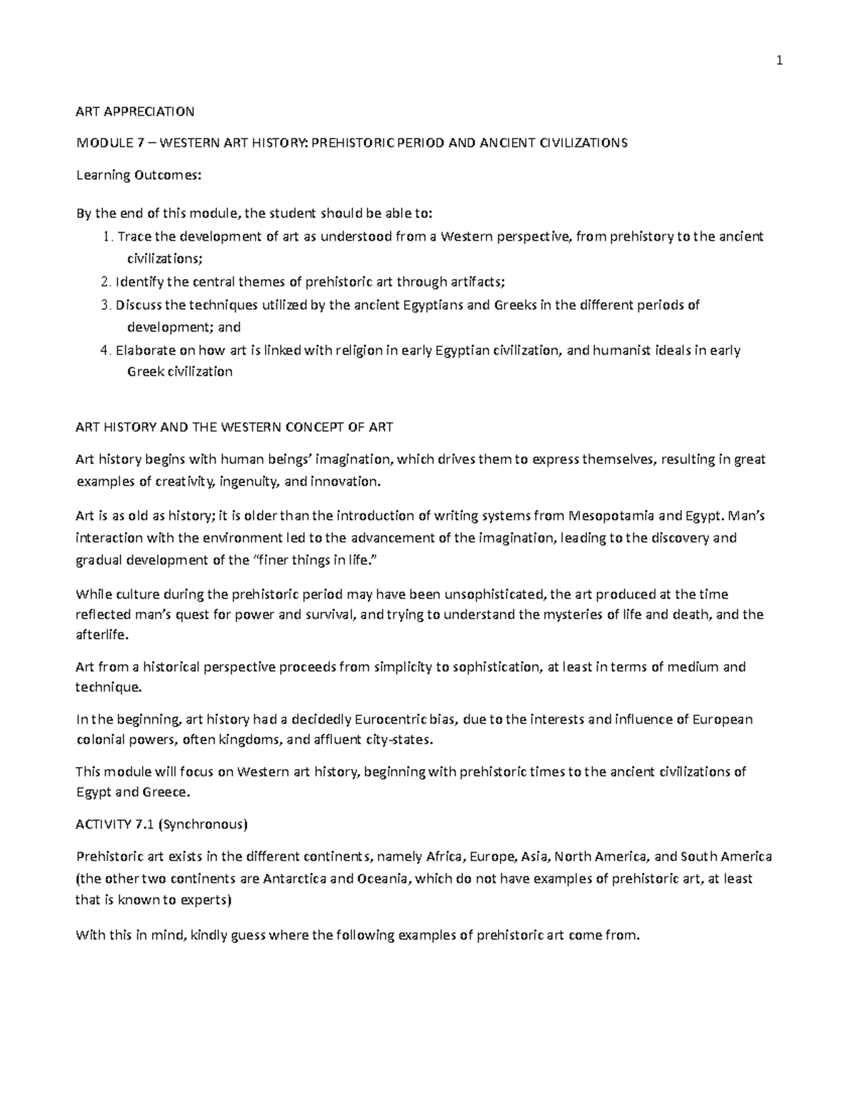Module 7 Prehistoric Period Ancient Civilizations.docx - 1 ART APPRECIATION MODULE 7 – WESTERN ...