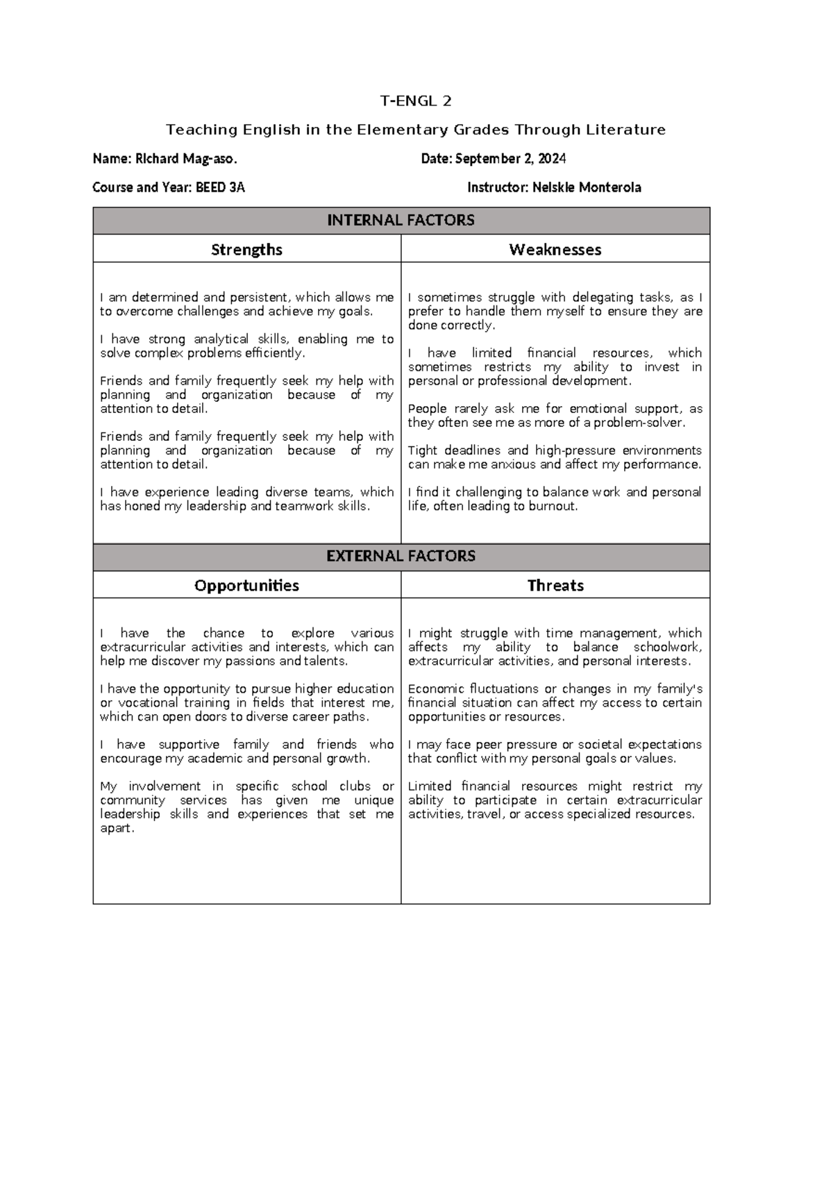SWOT Matrix - Assignment - T-ENGL 2 Teaching English in the Elementary ...