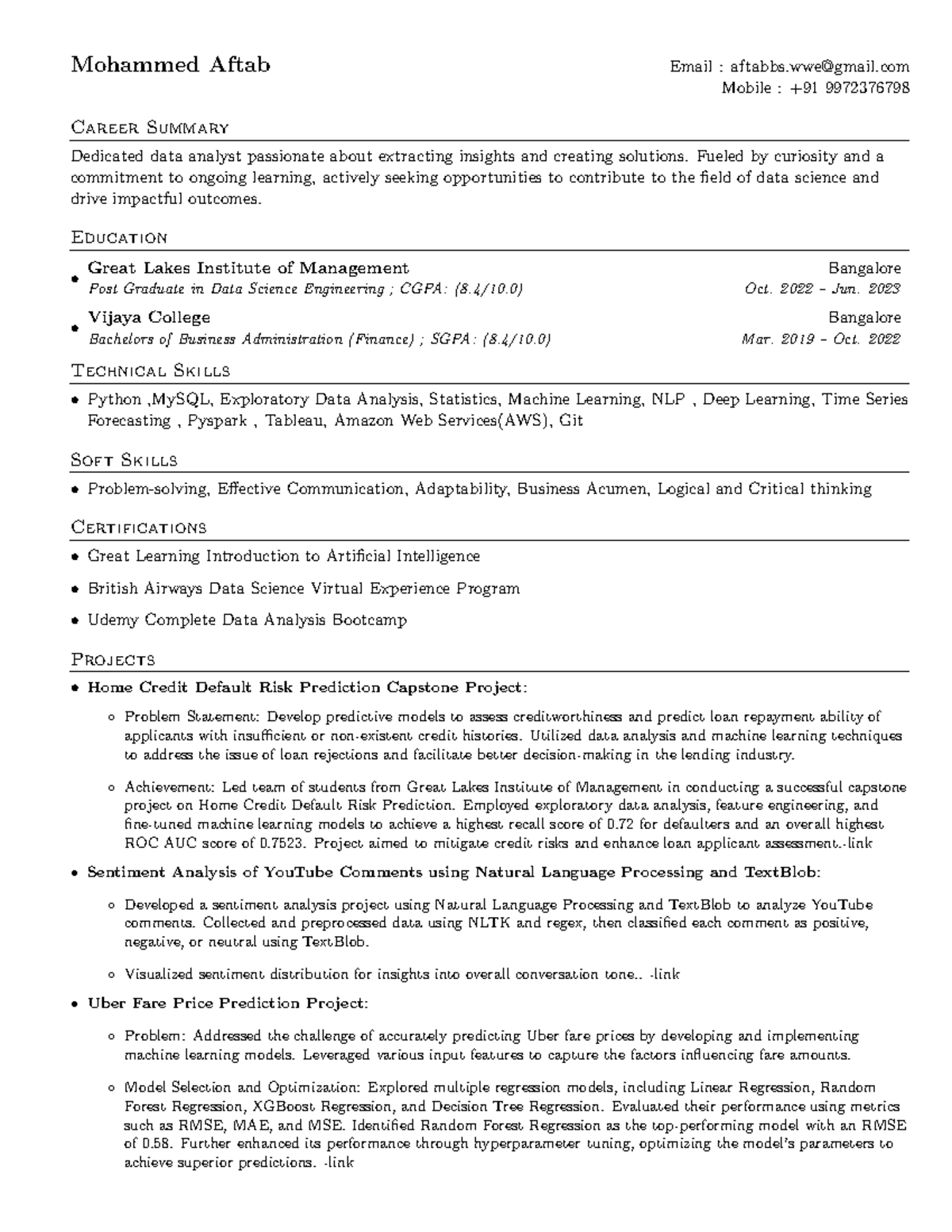 Mohammed Aftab - Resume - Mohammed Aftab Email : aftabbs@gmail Mobile ...