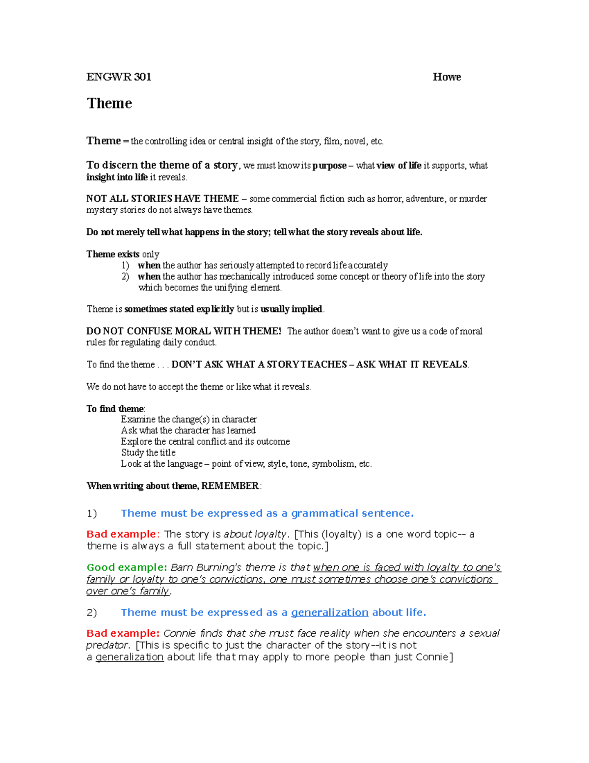 Theme Lecture - ENGWR 301 Howe Theme Theme = the controlling idea or ...