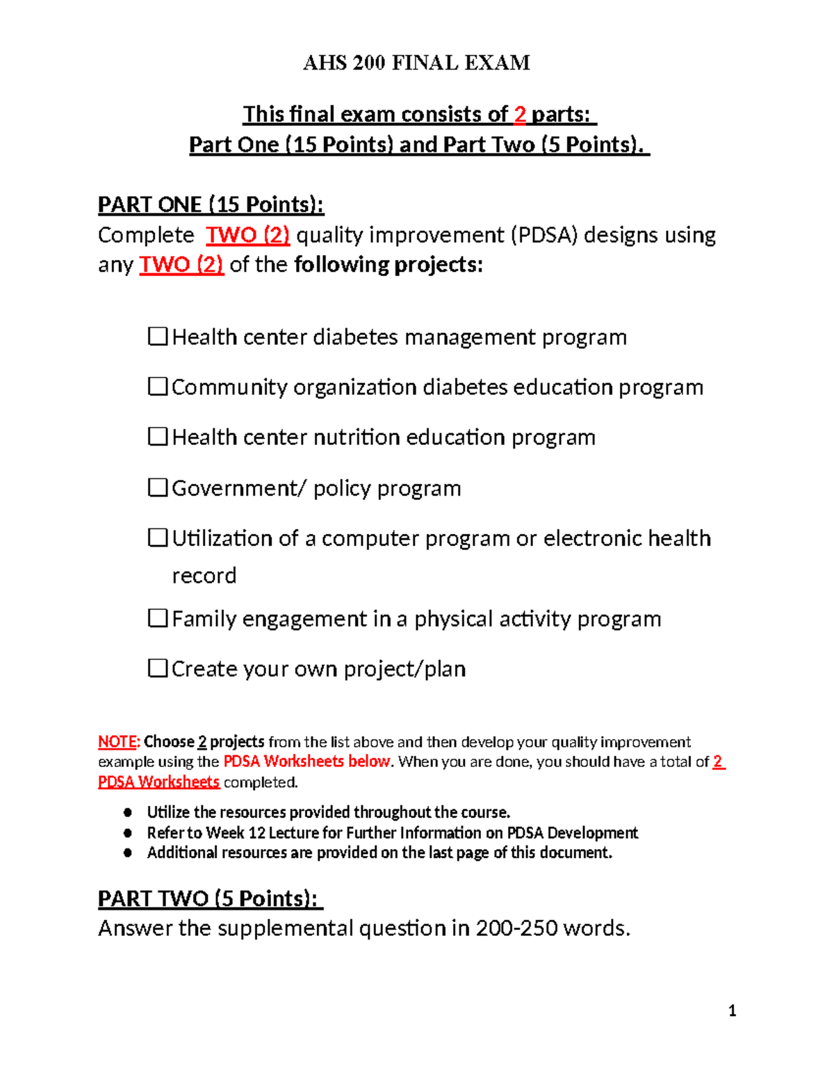 AHS 200 - Spring 2024 Final Exam - This final exam consists of 2 parts ...