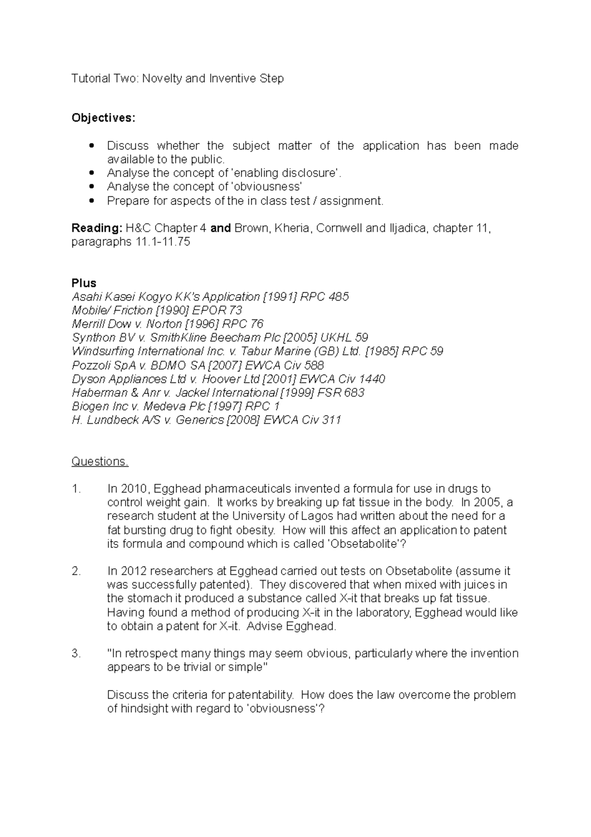 Tutorial 2 - Tutorial Two: Novelty and Inventive Step Objectives ...