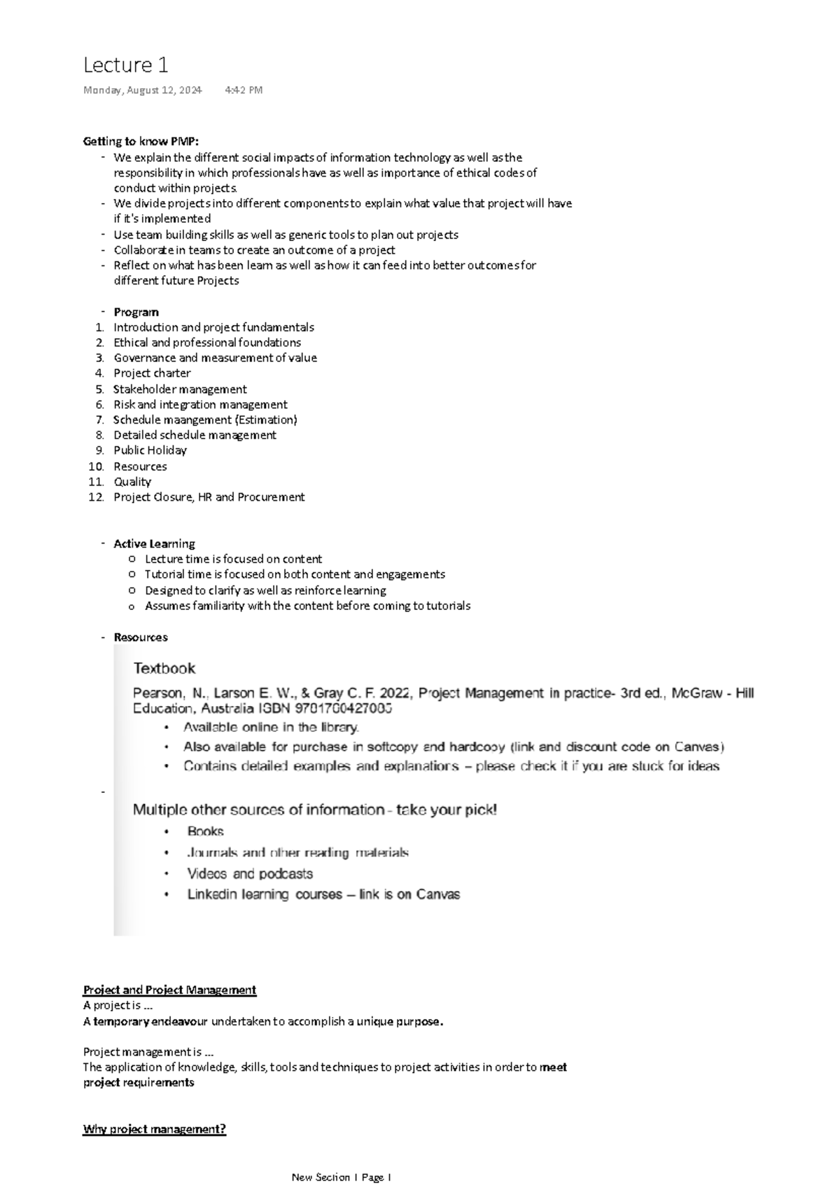 Project Management and The Professional Lecture Notes - Lec 2 - 031272 ...