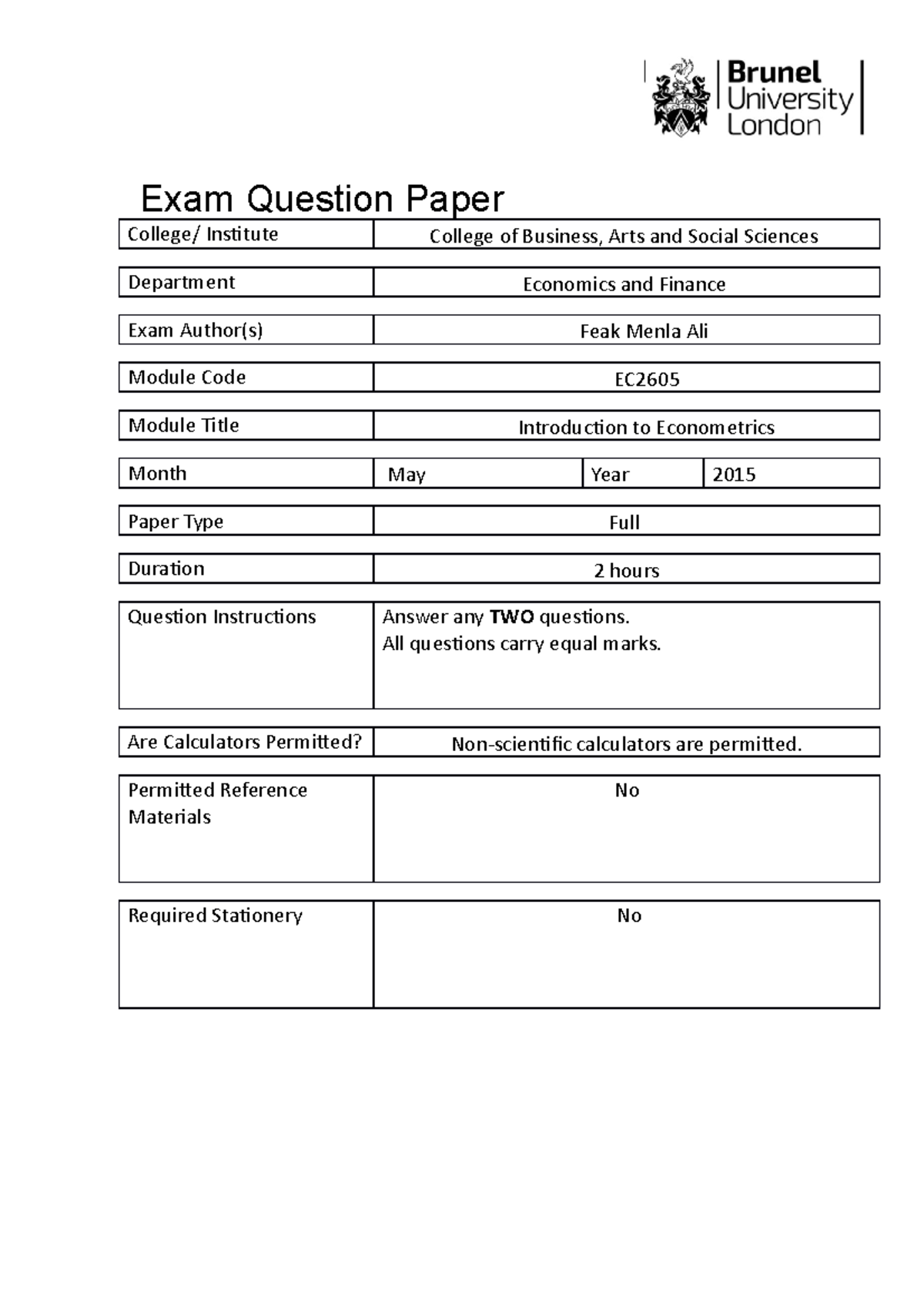 Exam 2015 questions - Exam Question Paper College/ Institute College of ...