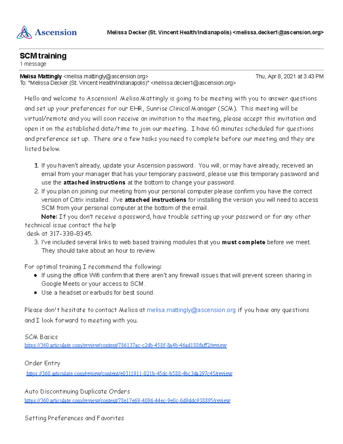 Sunrise Training Links - Melissa Decker (St. Vincent Health ...