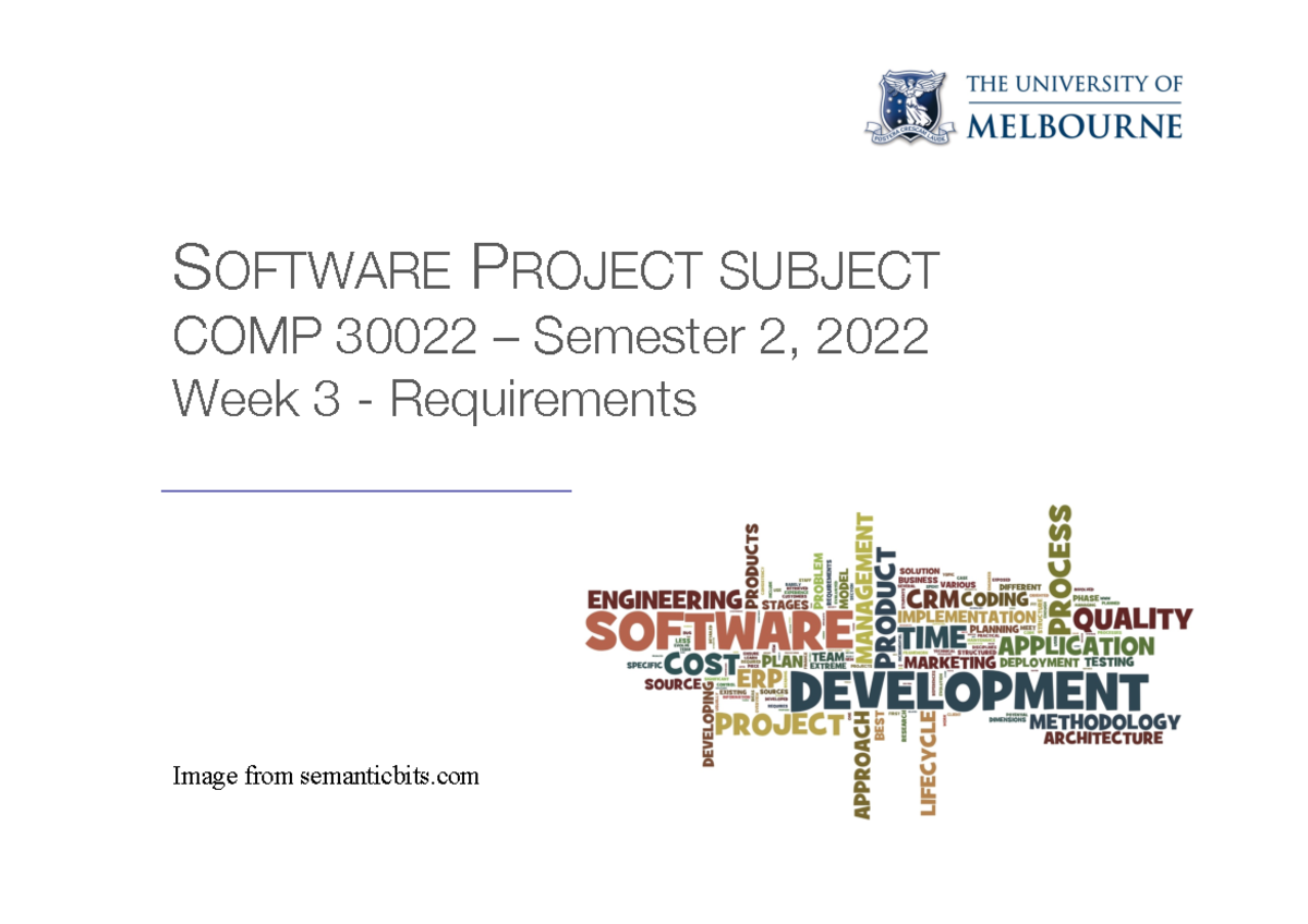 Lecture 3 - Requirements - SOFTWARE PROJECT SUBJECT COMP 30022 – Semester 2, 2022 Week 3 - - Studocu