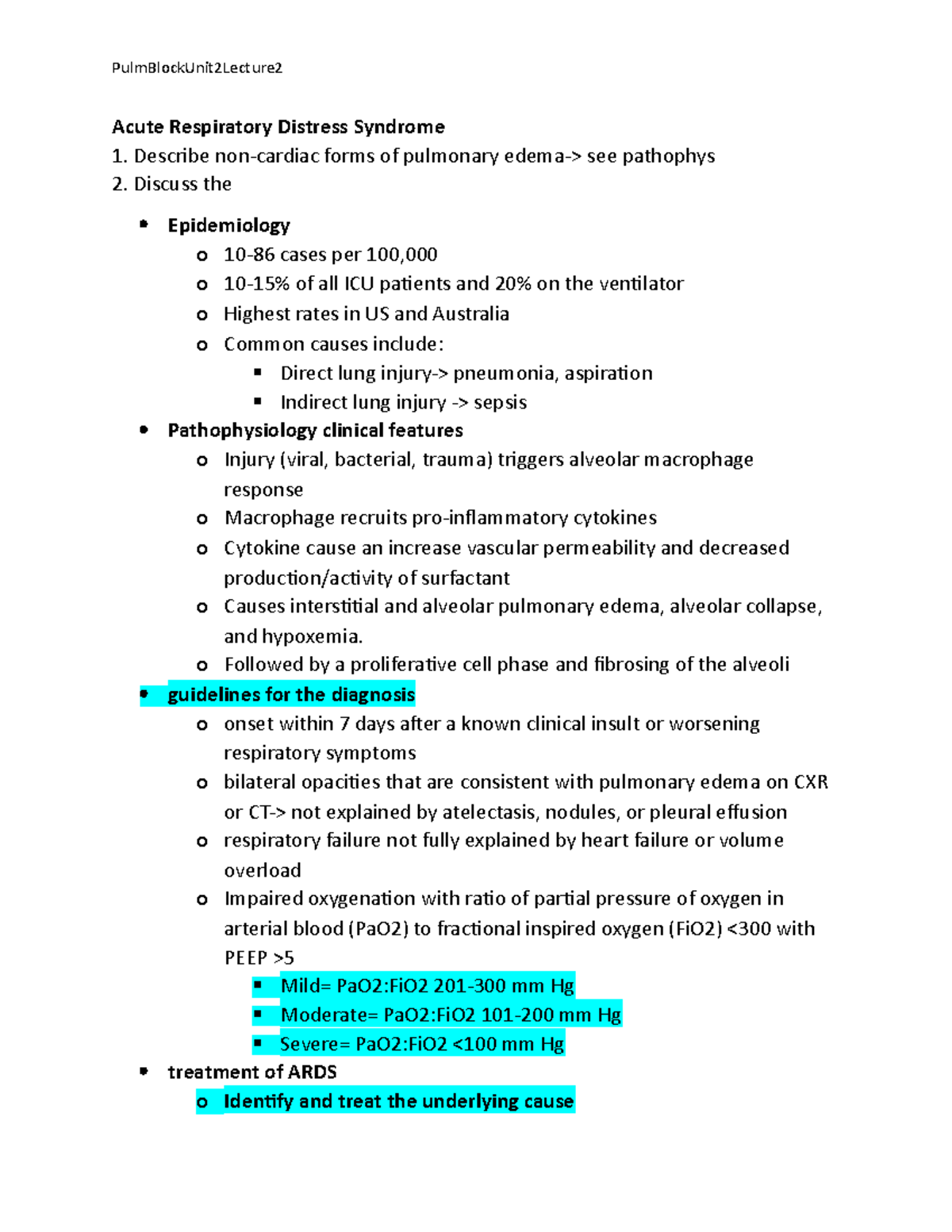 Unit2Lecture 2ARDS - These notes were outlined from the ARDS lecture ...
