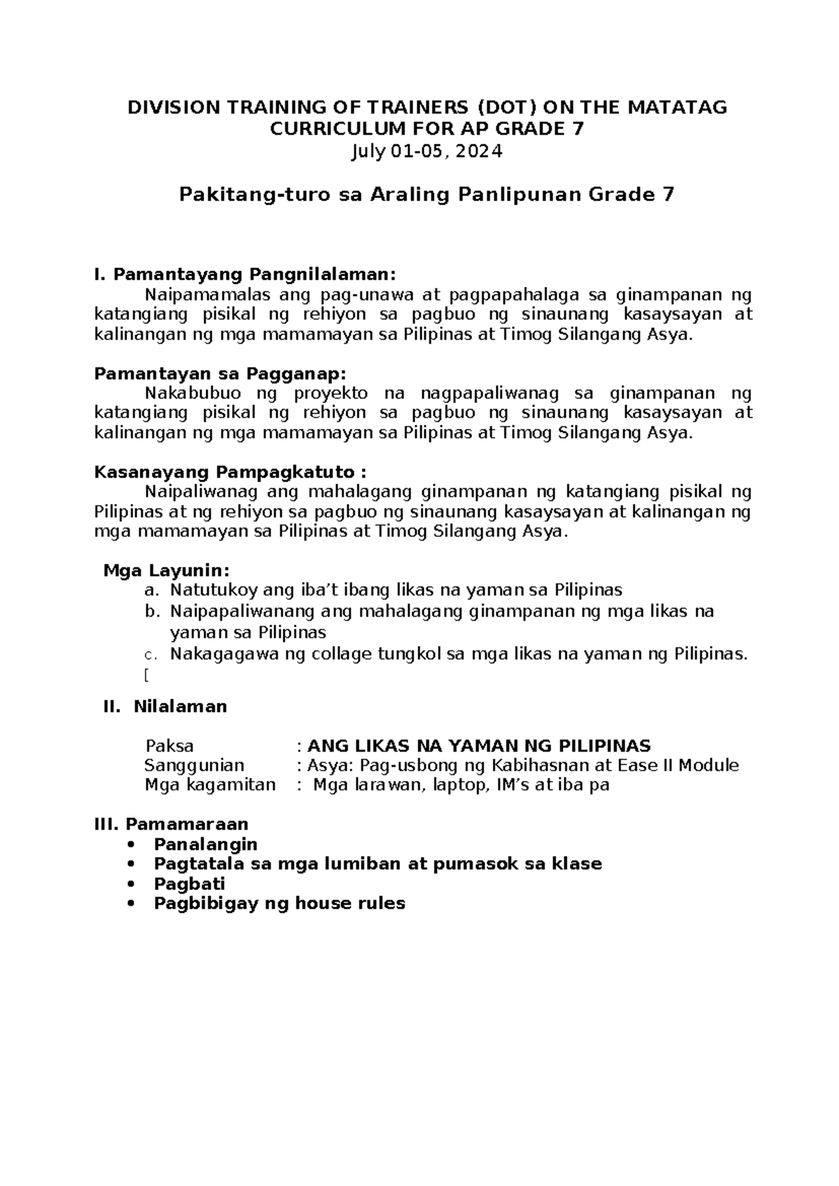 DLP-demo-matatag-new - DIVISION TRAINING OF TRAINERS (DOT) ON THE ...