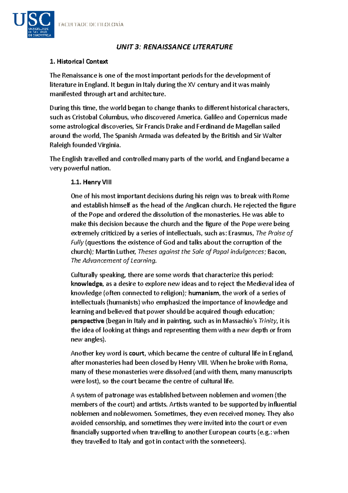 UNIT 3 - Lecture notes 3 - UNIT 3: RENAISSANCE LITERATURE 1. Historical ...