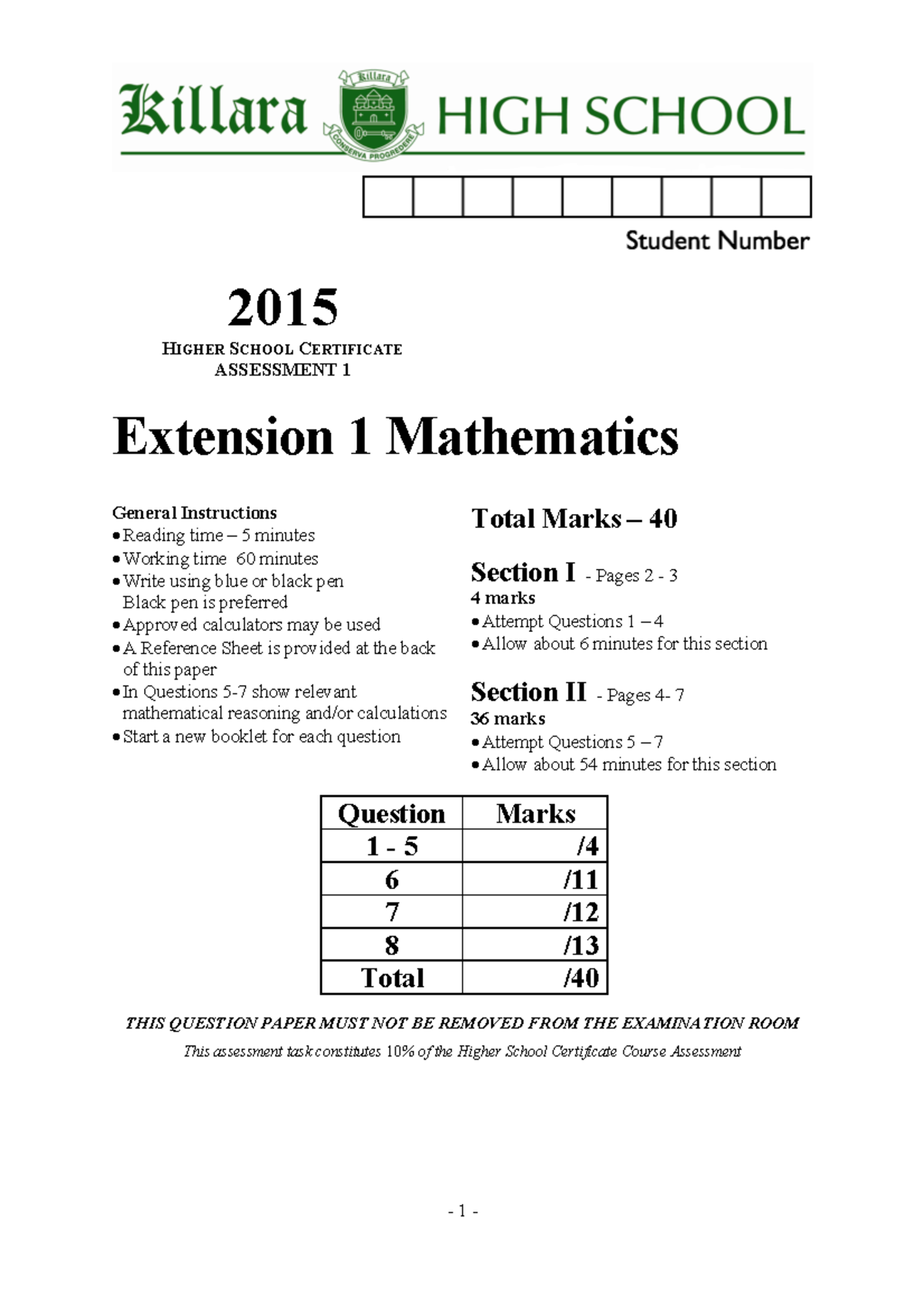 KHS - 2015 HSC Ext 1 Task 1 - 2015 HIGHER S CHOOL C ERTIFICATE ...