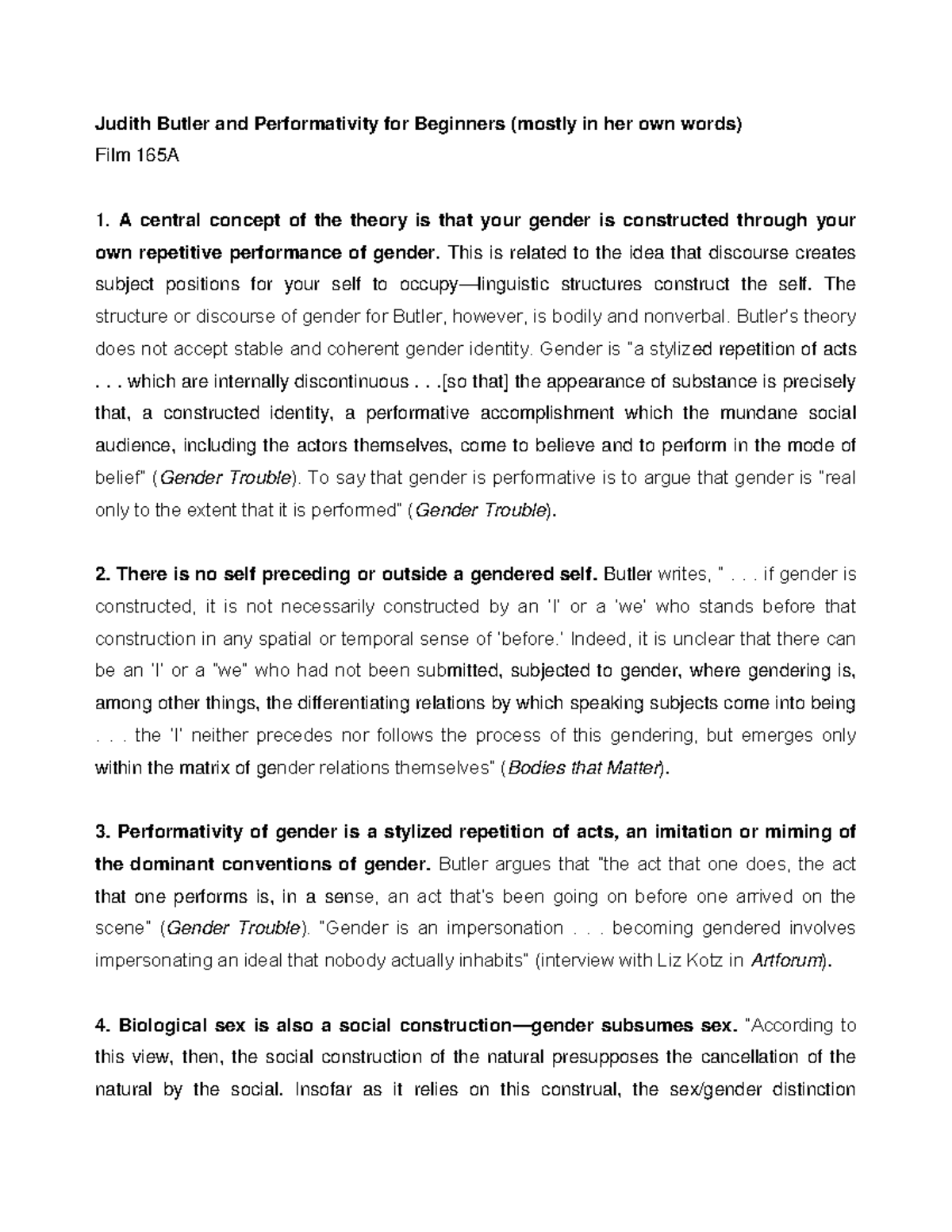 Judith Butler handout - Judith Butler and Performativity for Beginners ...